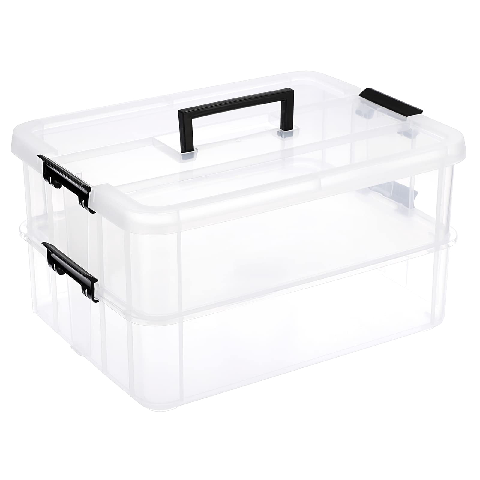 2-Tier Stackable Black Plastic Storage Container with Handle for School ...