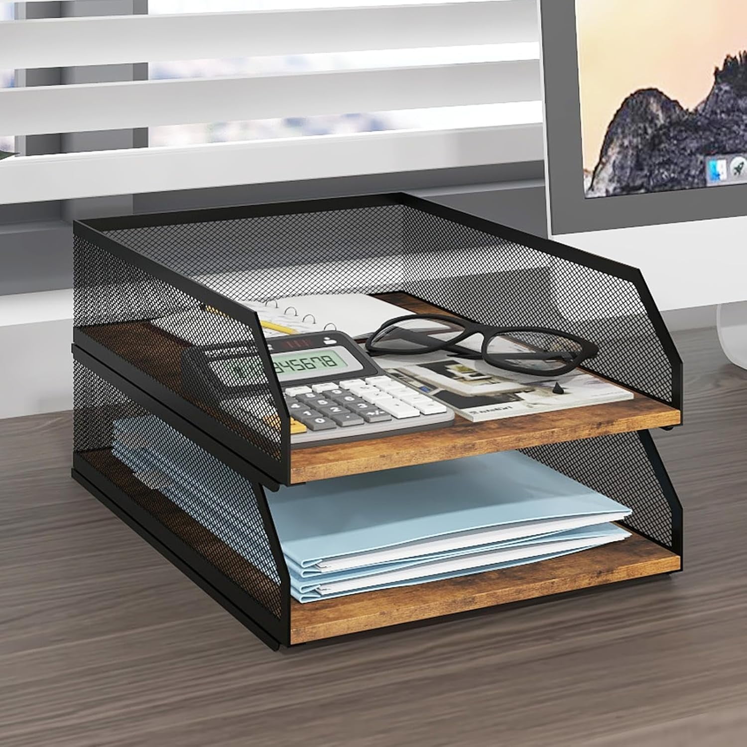 2-Tier Stackable Paper Tray, Metal Mesh Desktop Organizer, Wood Board ...