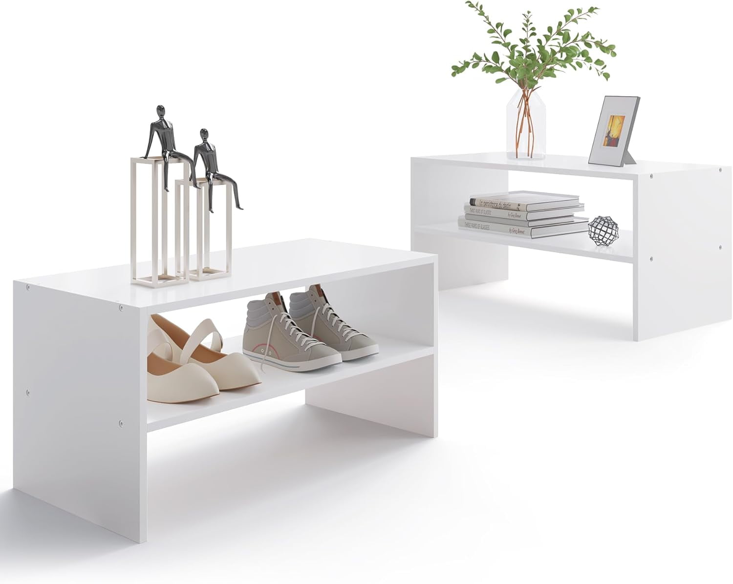 2-Tier Stackable White Shoe Rack, Wooden 2-Shelf Shoe Organizer ...