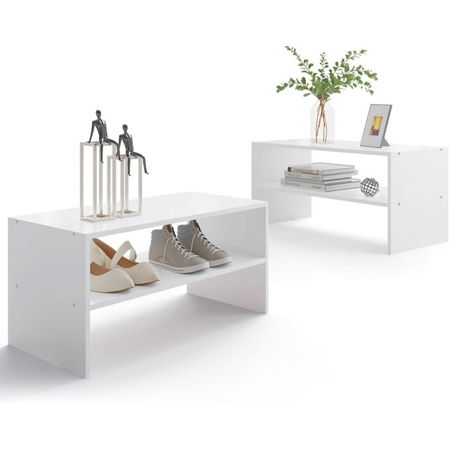2-Tier Stackable White Shoe Rack, Wooden 2-Shelf Shoe Organizer ...