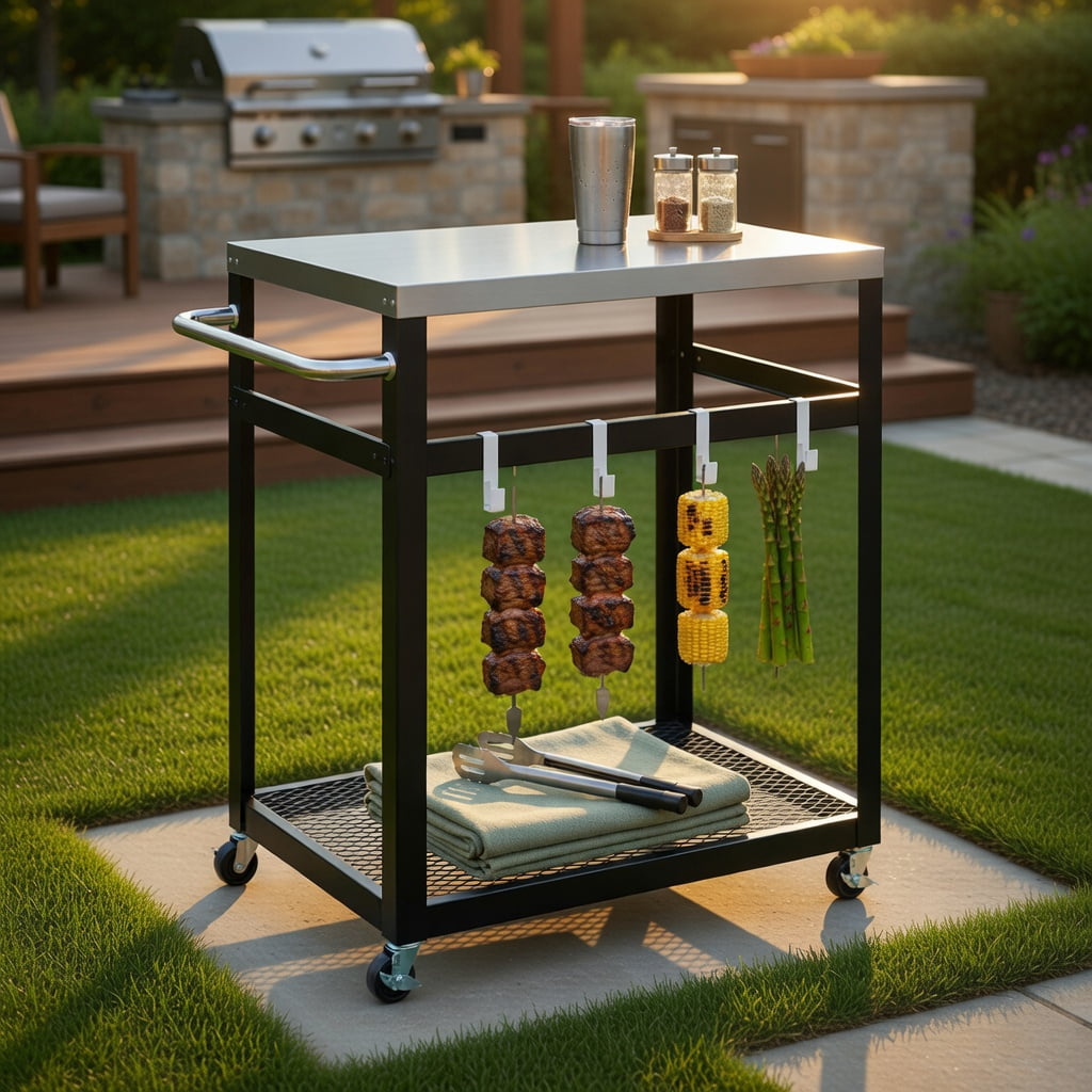 2-Tier Stainless Steel BBQ Grill Cart Locking Wheels, 4 Hooks, Extra ...