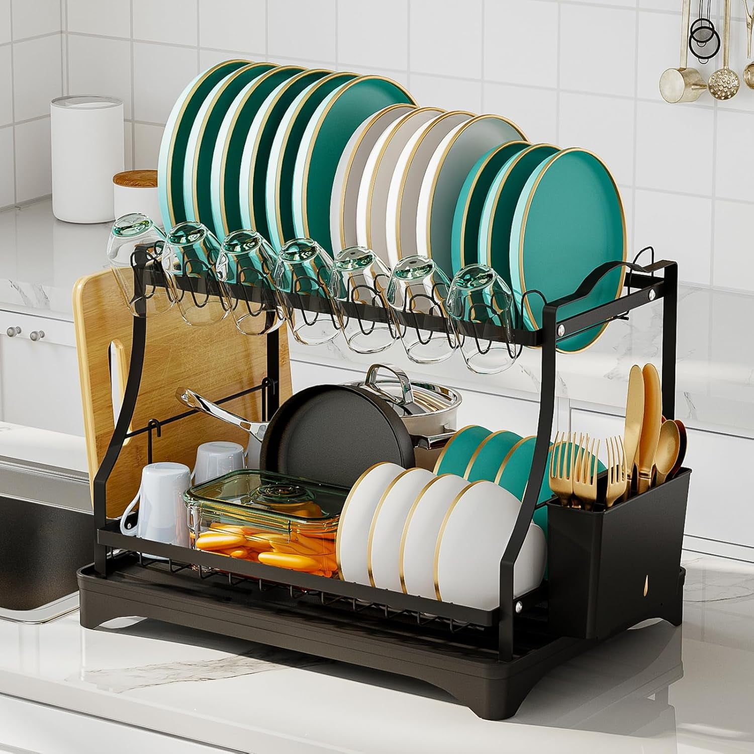 2-Tier Stainless Steel Dish Drainer Organizer with Cutlery Holder ...
