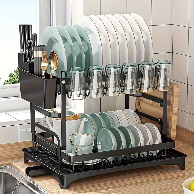 2-Tier Stainless Steel Dish Drying Rack with Drainboard - Space-Saving ...