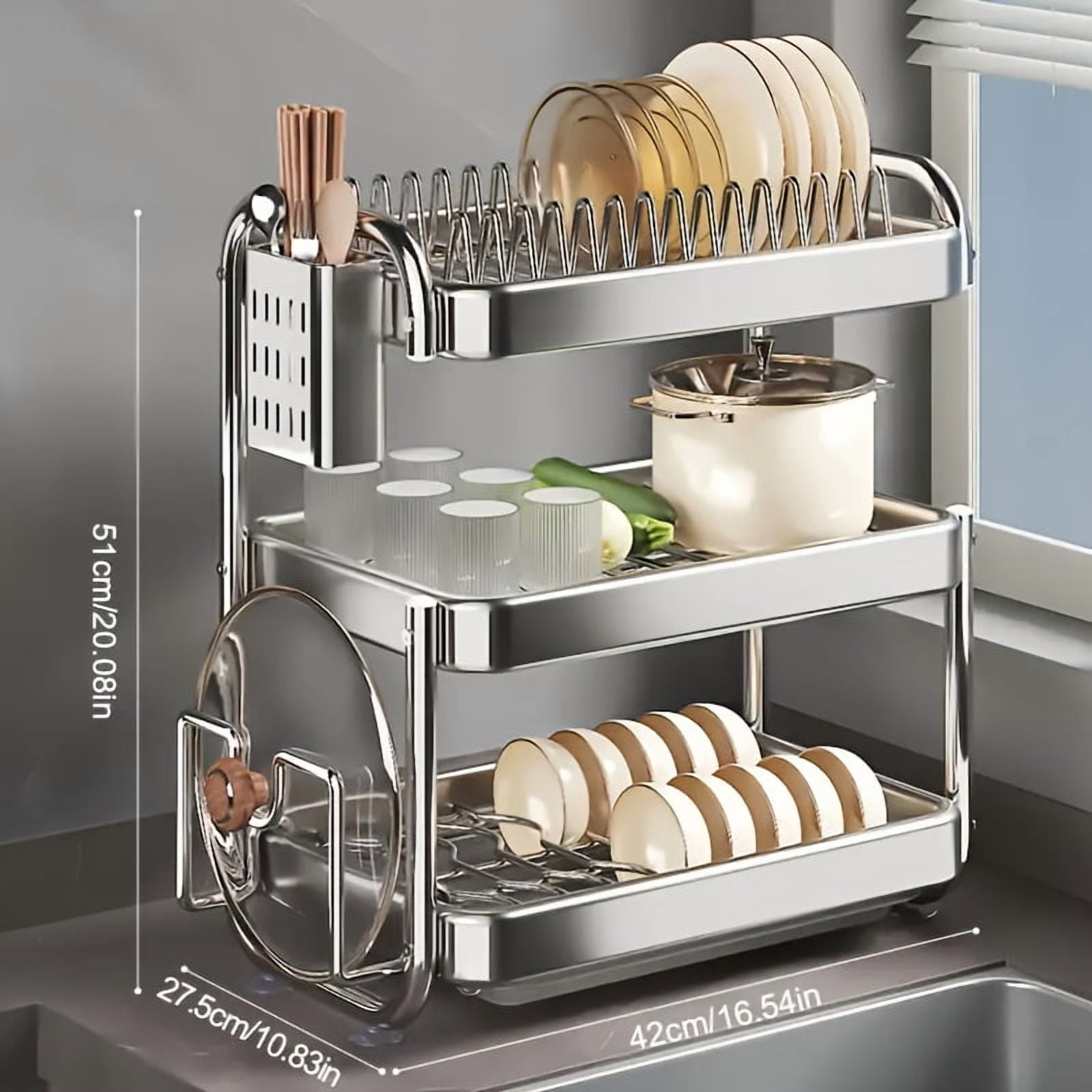 2-Tier Stainless Steel Dish Rack - Space-Saving with Drain Board, Holds ...