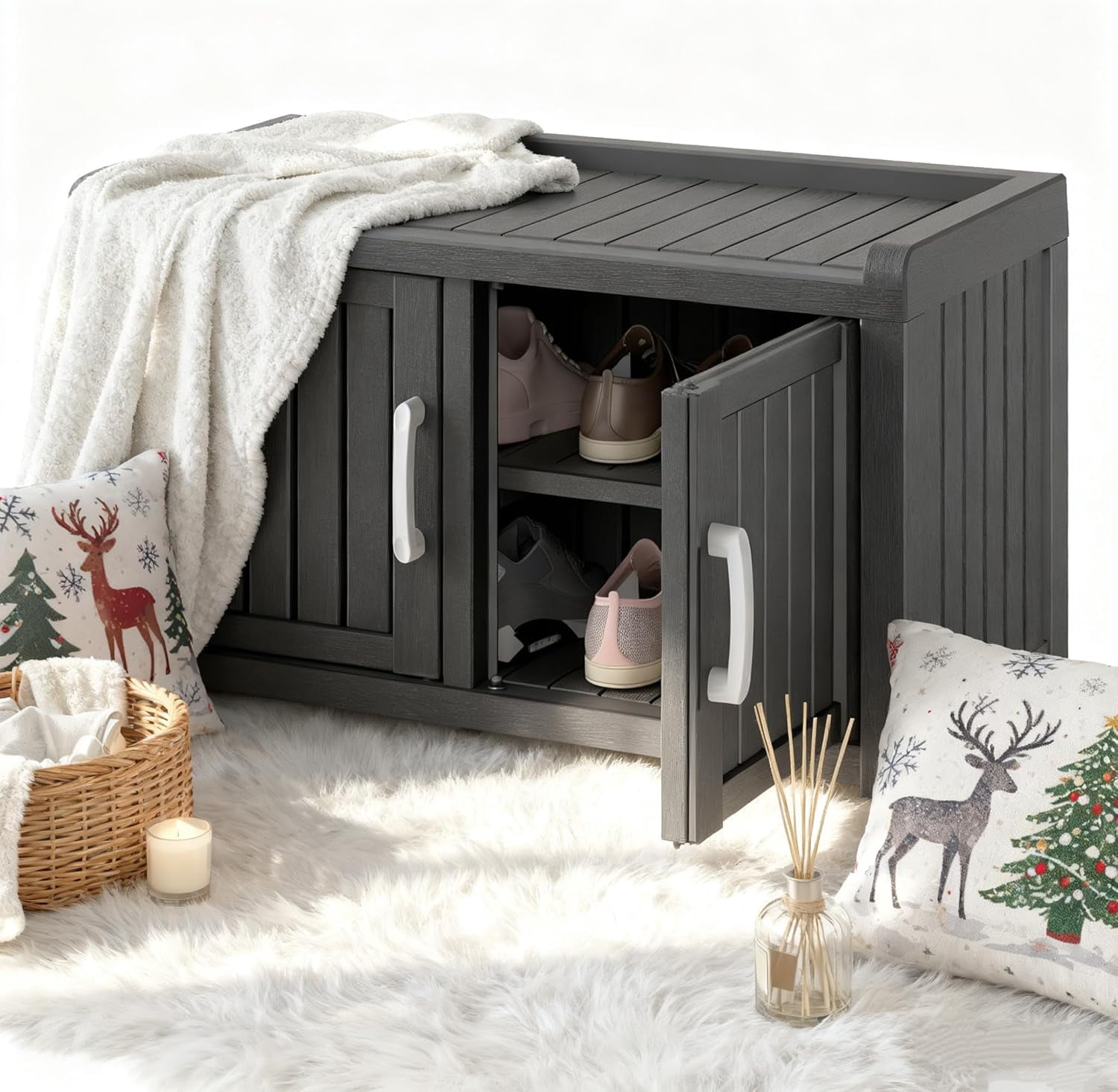 2-Tier Storage Bench, Waterproof UV-Resistant Outdoor Shoe Storage ...