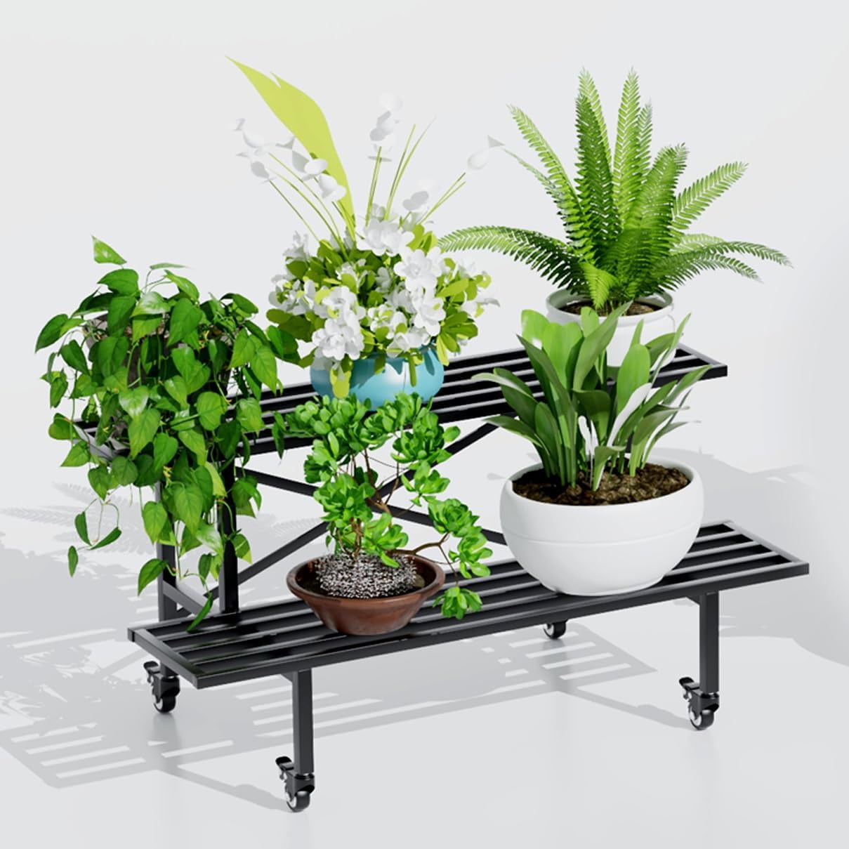 2 Tier Sturdy Metal Plant Stand with Wheels, L35.43 x W17.5 x H16.14 ...