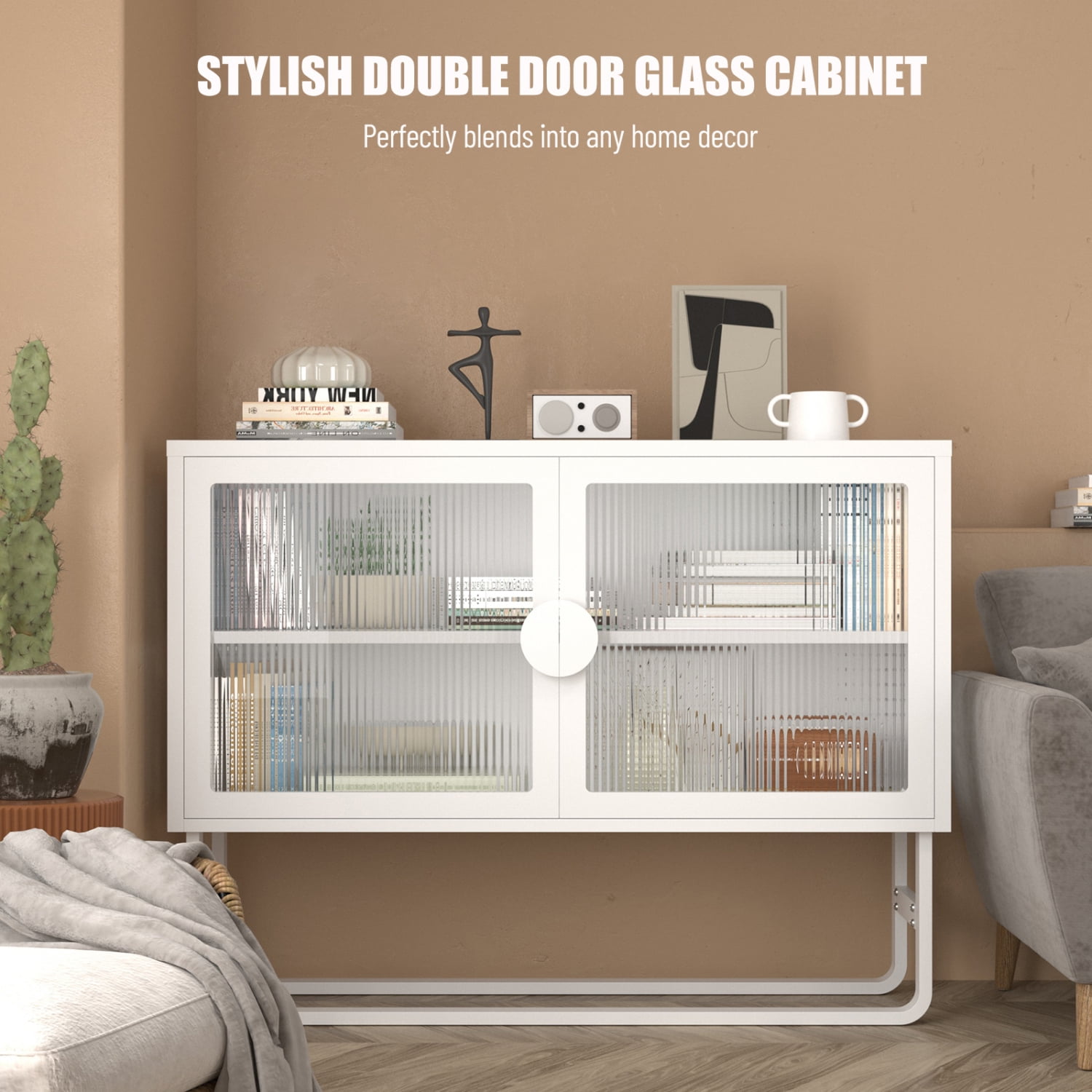 2-Tier Stylish Tempered Glass Cabinet, Fluted Glass Sideboard Buffet ...
