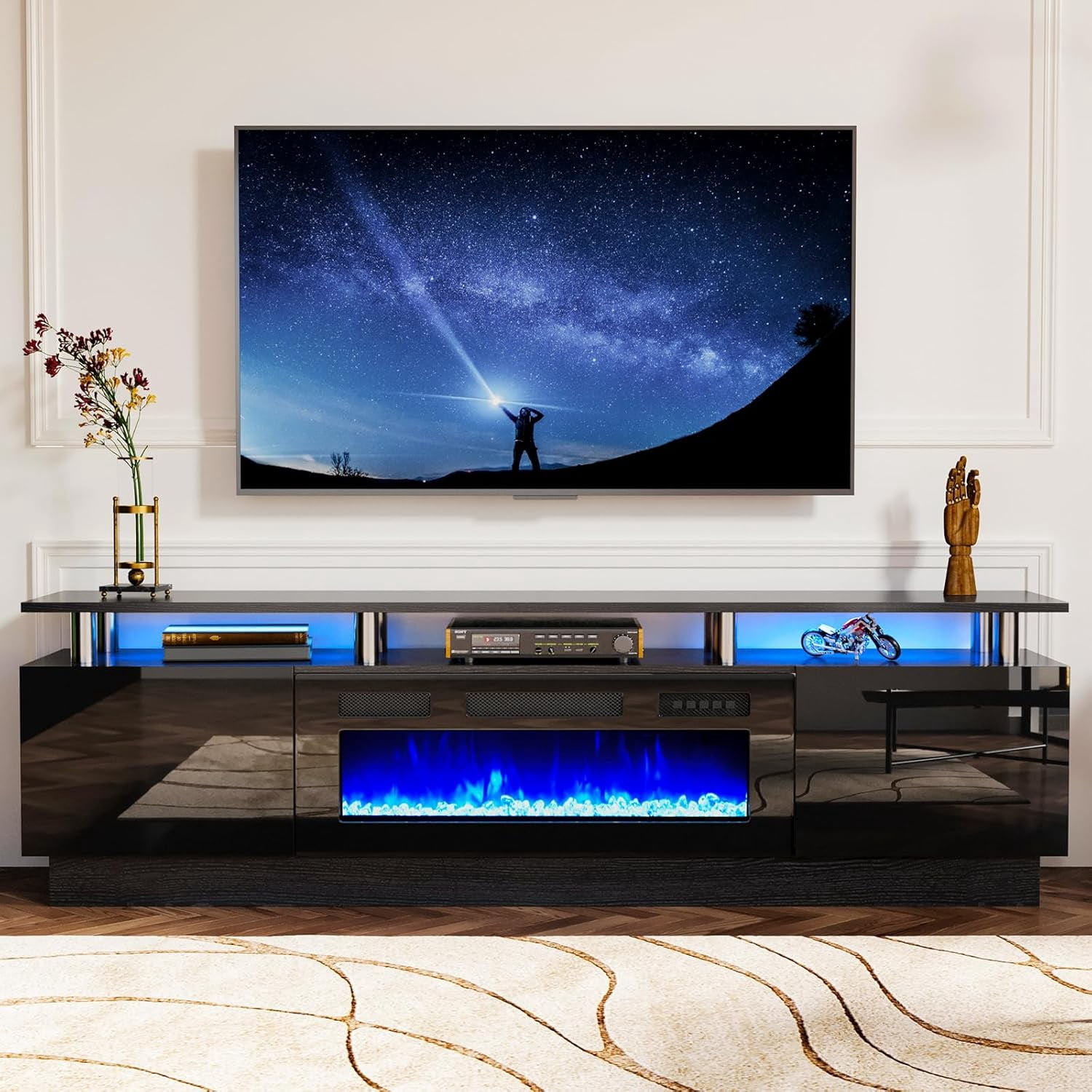 2 Tier TV Console Stand with 36" Electric Fireplace, LED Light ...