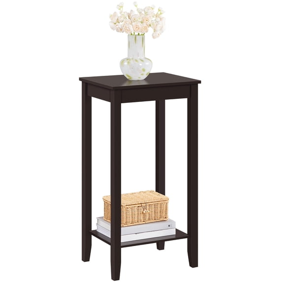 2-Tier Tall End Table with Storage Shelf and Solid Wood Legs, Sofa Side ...