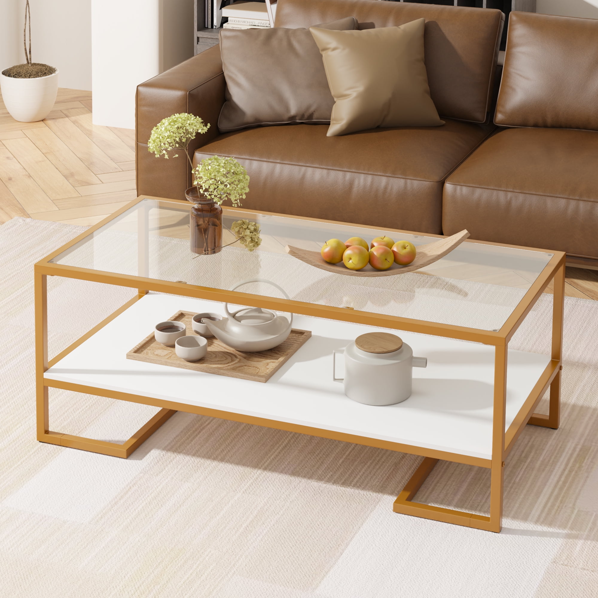 2 Tier Tempered Glass Coffee Table, Rectangle Modern Center Table with ...