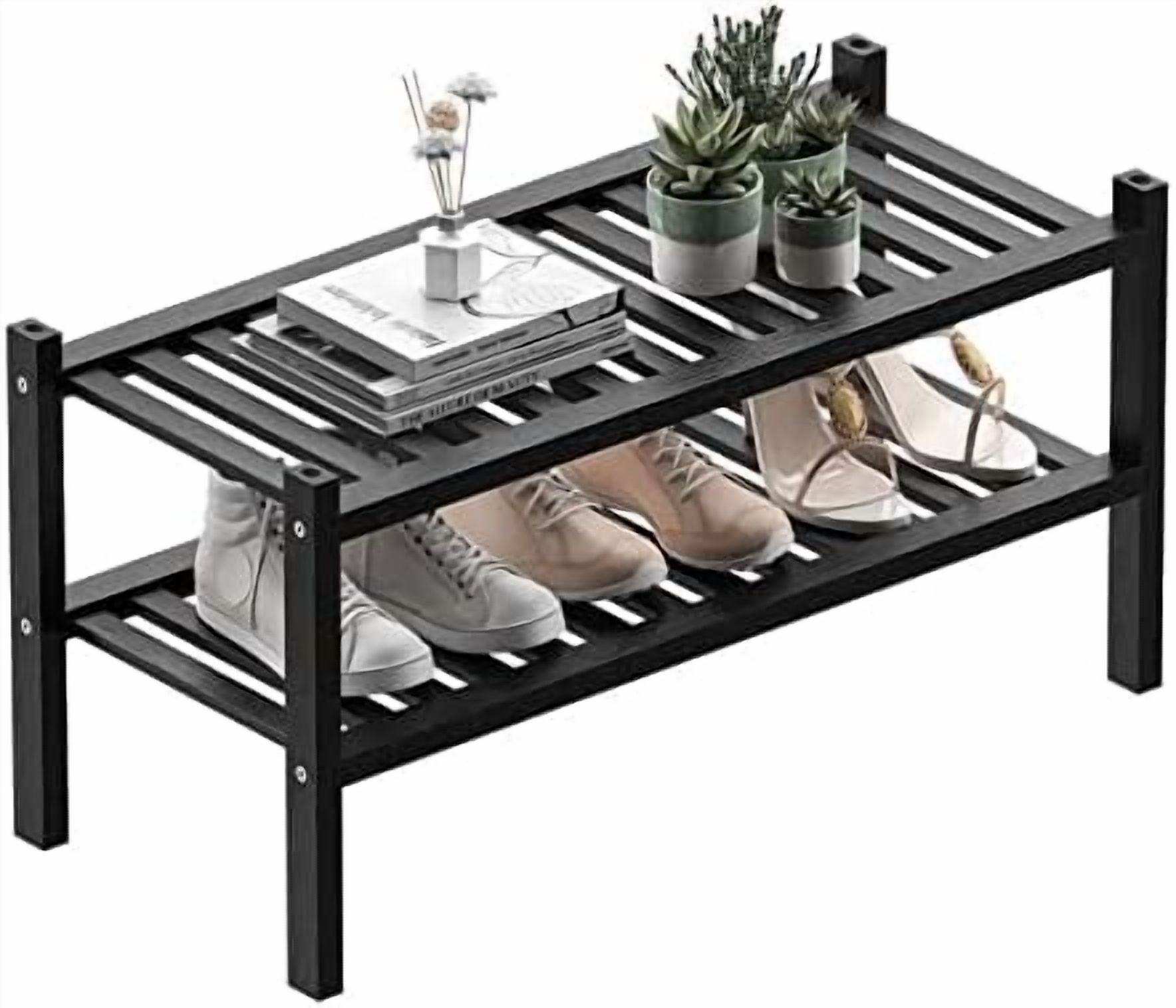 2 Tier (Thick) Bamboo Shoe Rack for Closet Free Standing Wood Shoe ...