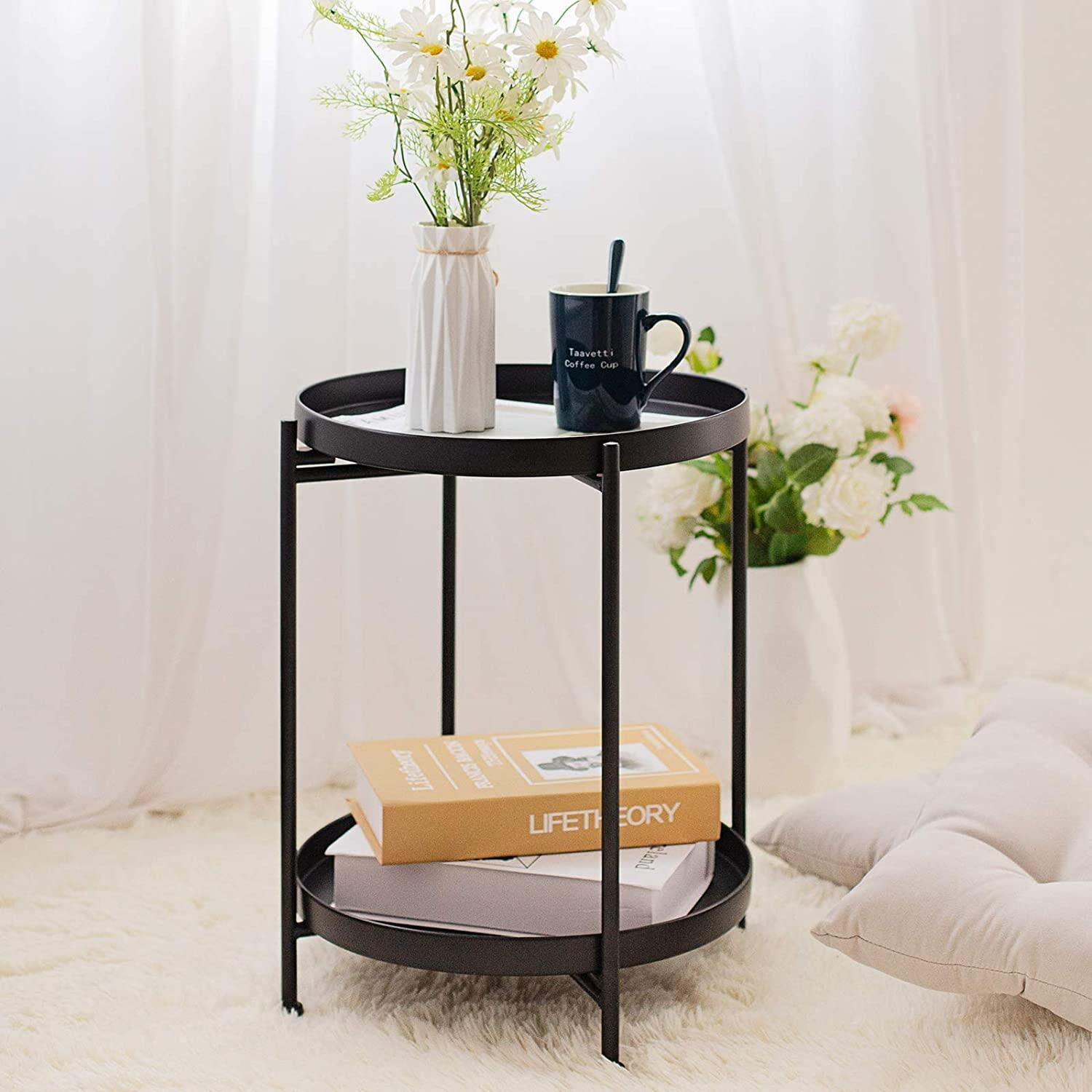 2 Tier Tray End Table - Oyajia Metal Waterproof Sofa Coffee Side Tables ...