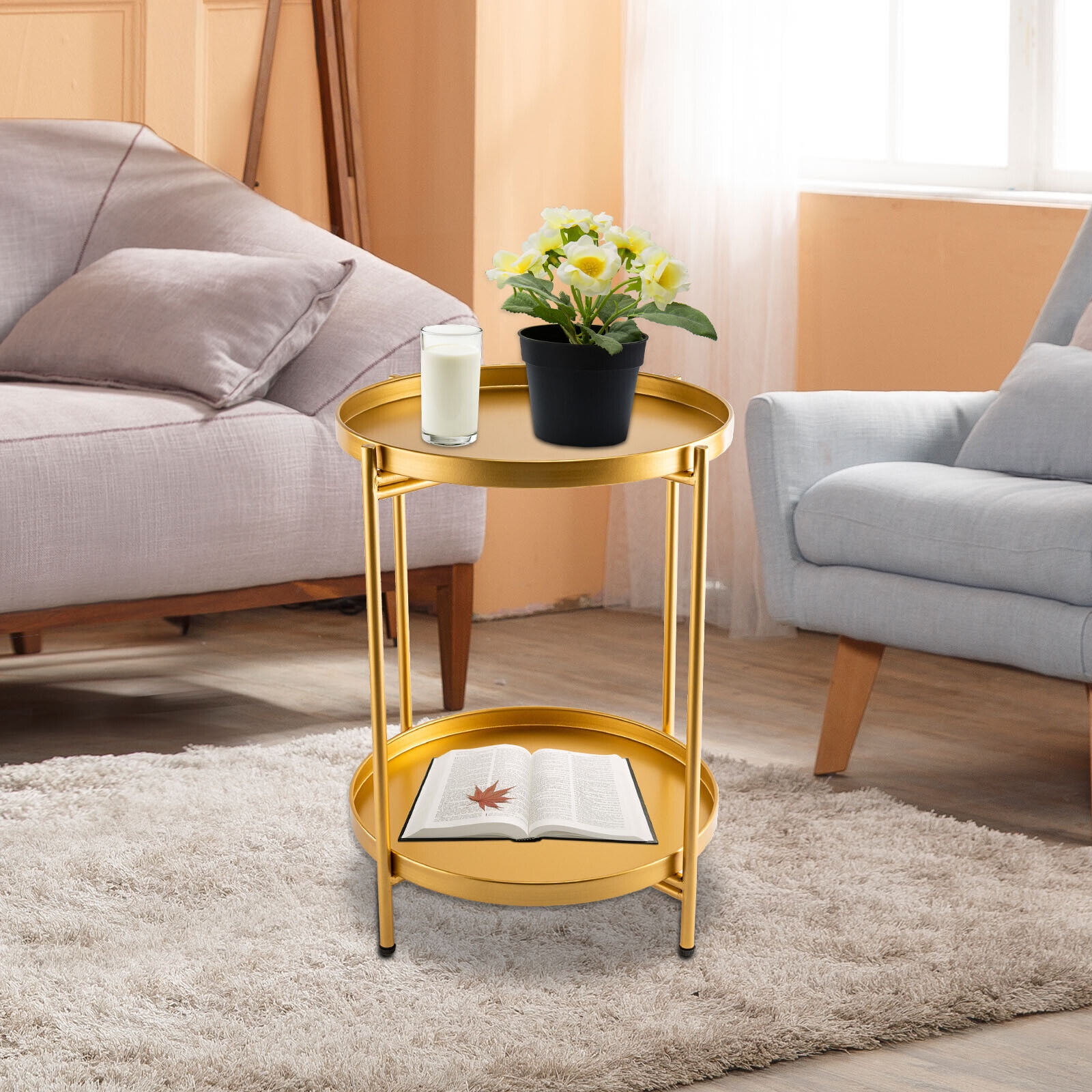 2 Tier Tray Metal End Table, Small Round Side Table Sofa Side Table ...