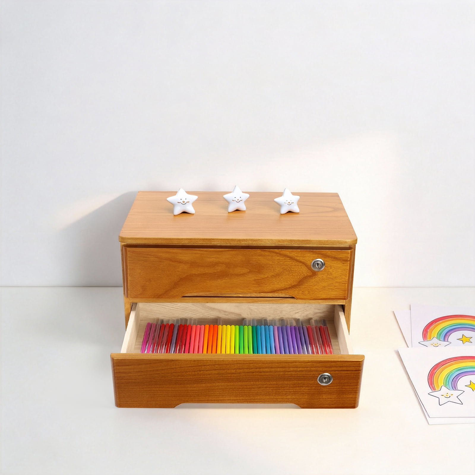 2-Tier Tung Wood Office Lockable Desktop Box Storage Drawer, Rectangle ...
