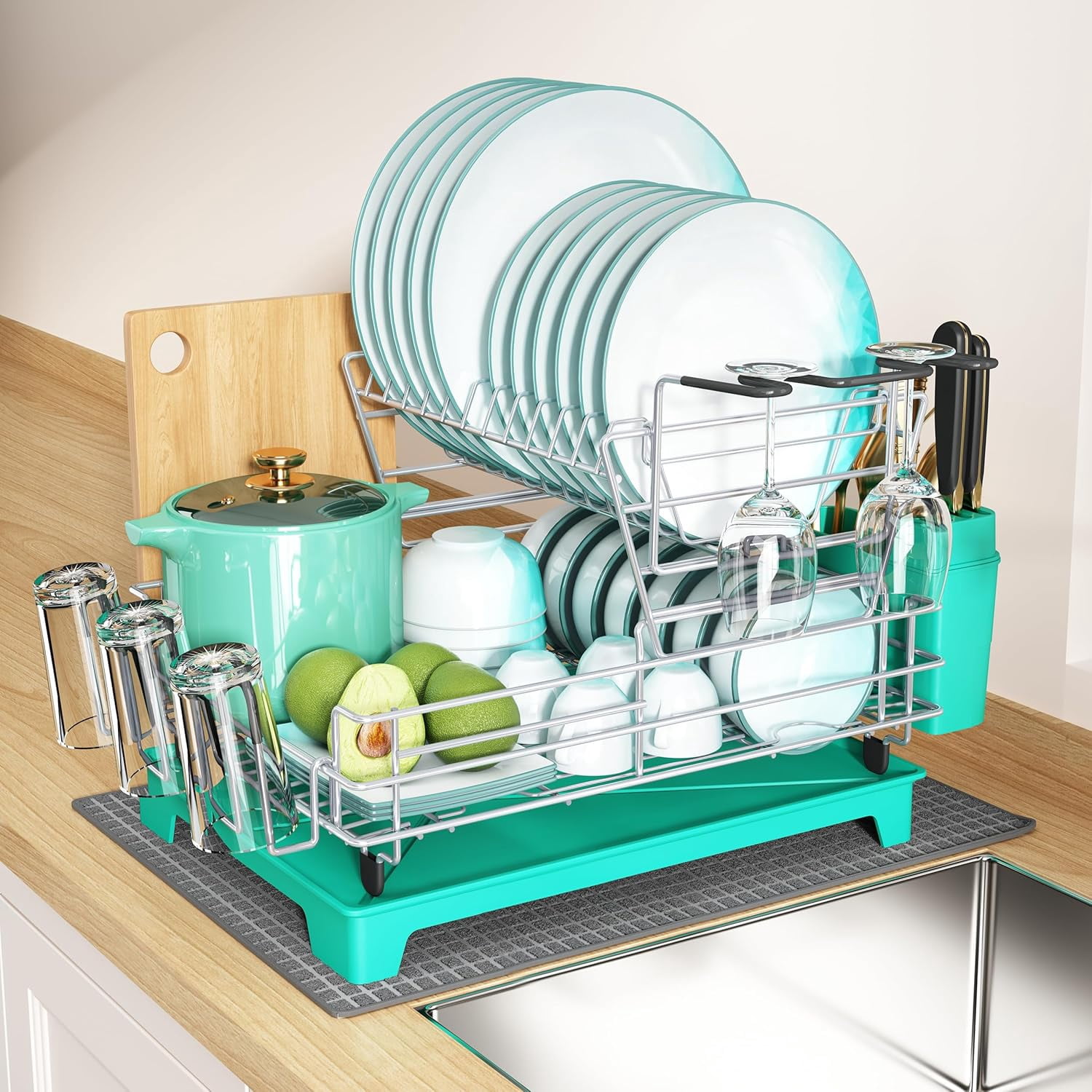 2 Tier Turquoise Large Stainless Steel Dish Drainers Drying Rack for ...