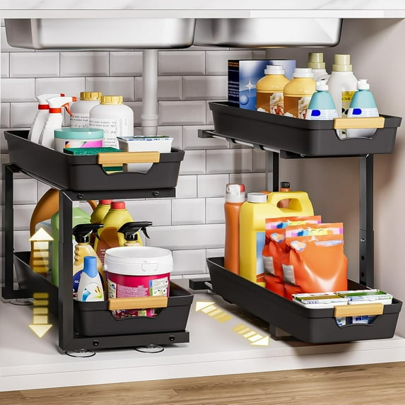 2-Tier Under Sink Organizer: 2pcs Set Adjustable Pull Out Drawer ...
