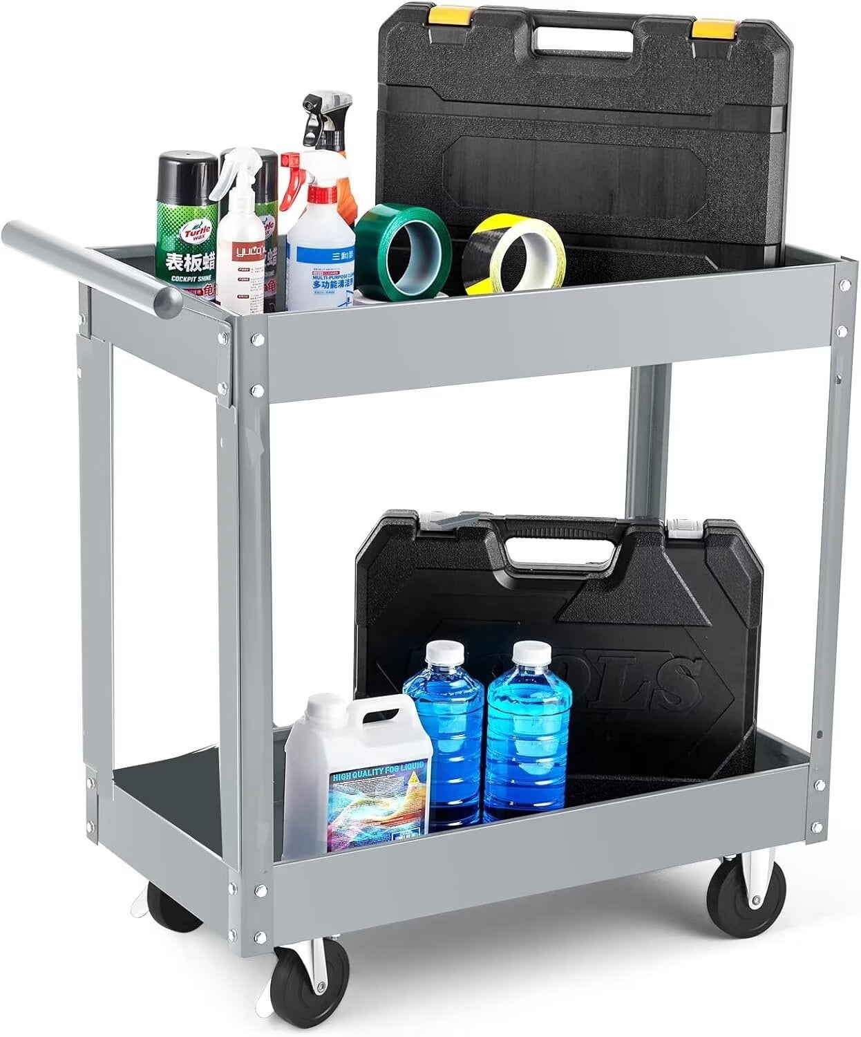 2-Tier Utility Cart, Heavy Duty Steel Rolling Cart, 300lb Multi-Purpose ...