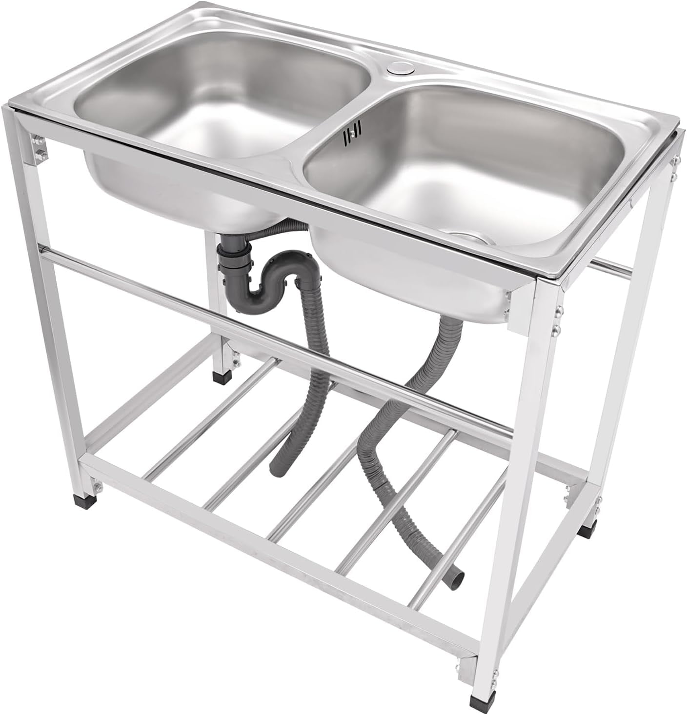 2-Tier Utility Laundry Sink, Kitchen Double Bowl Sink with Outlet Pipes ...