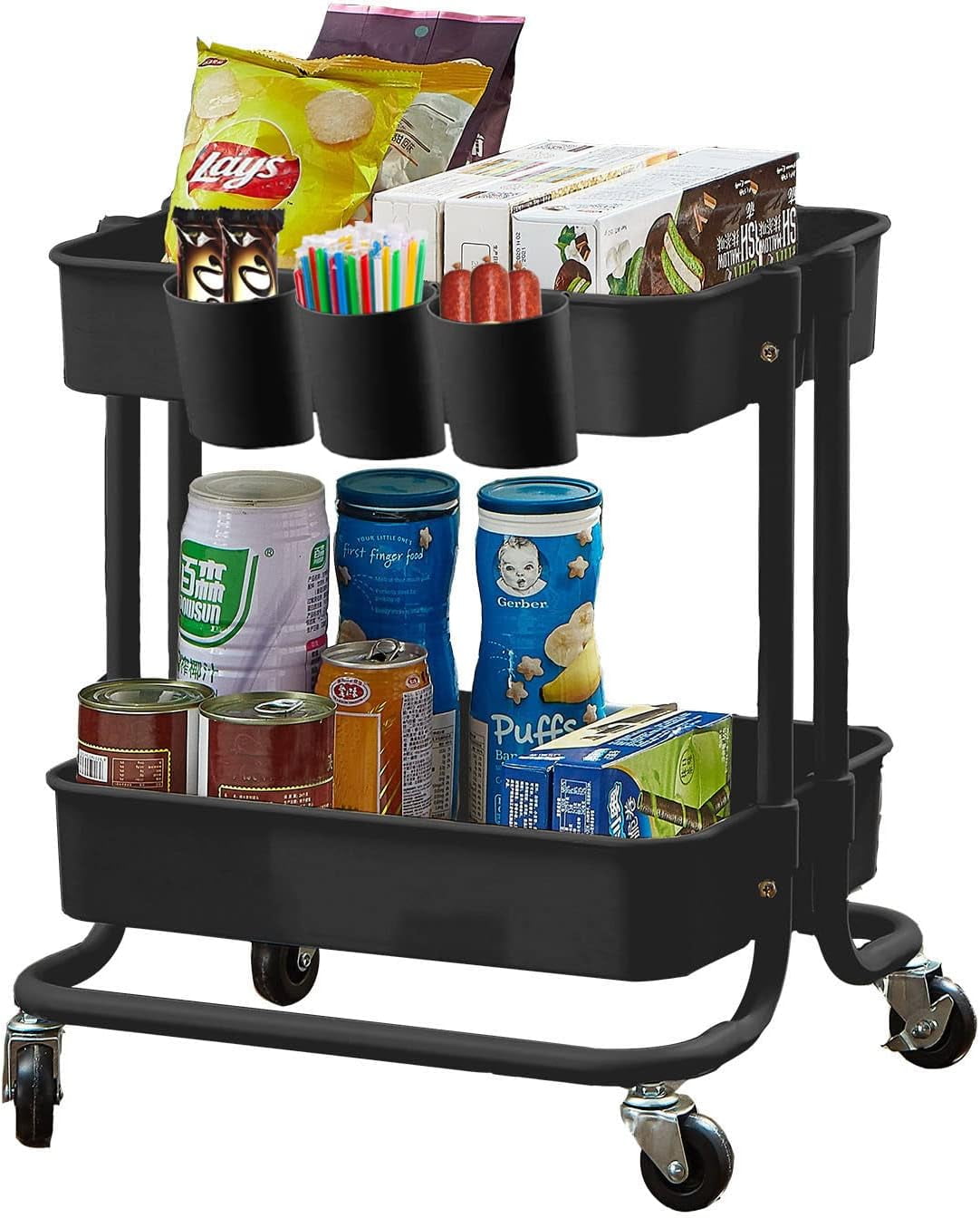 2-Tier Utility Rolling Cart Storage Sofa Side Table with Wheels, Mobile ...