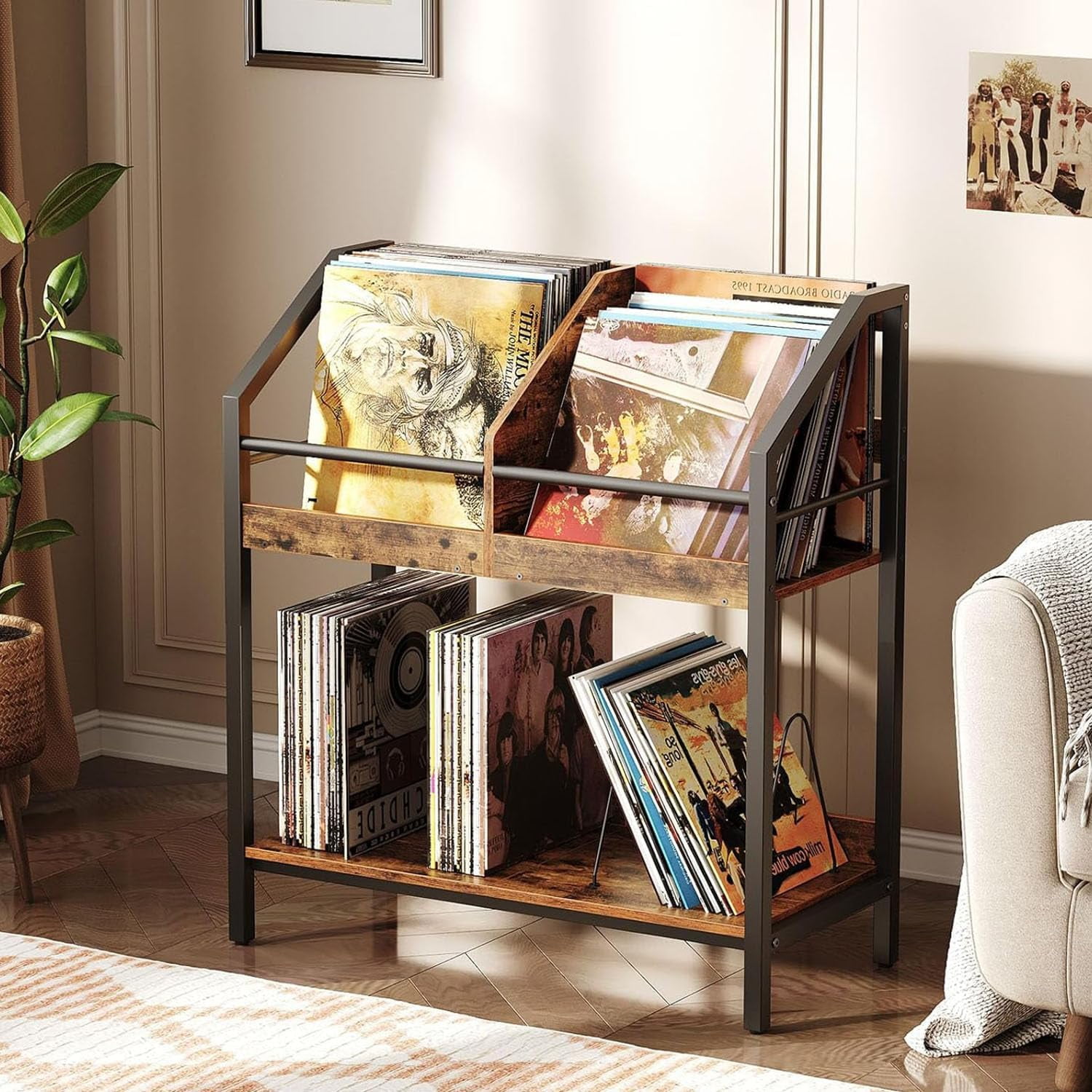 2-Tier Vinyl Record Storage Holder Rack, 250 LP Albums Display Shelf ...