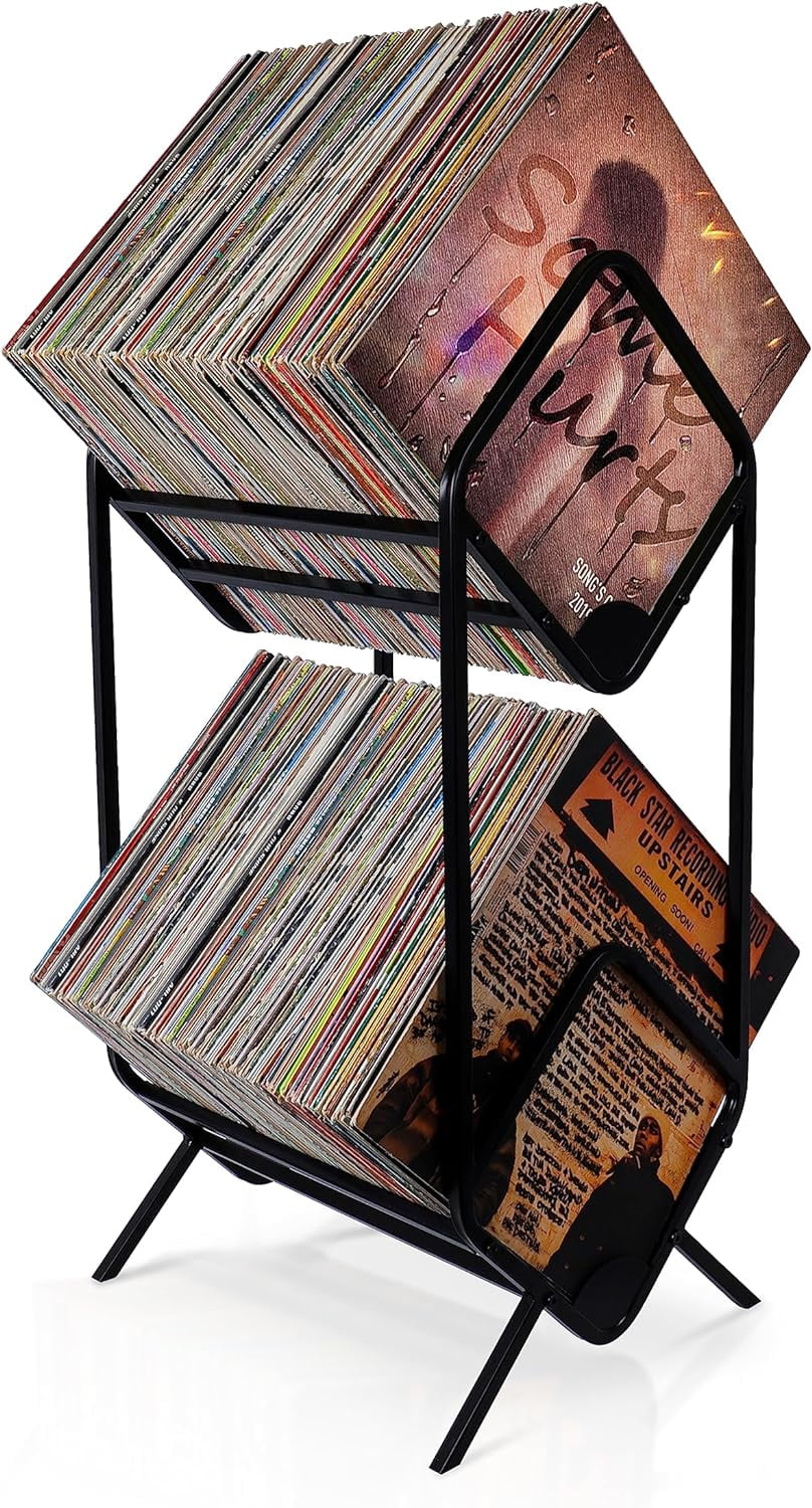 2-Tier Vinyl Record Storage Rack, Curved Black Metal Display Stand with ...