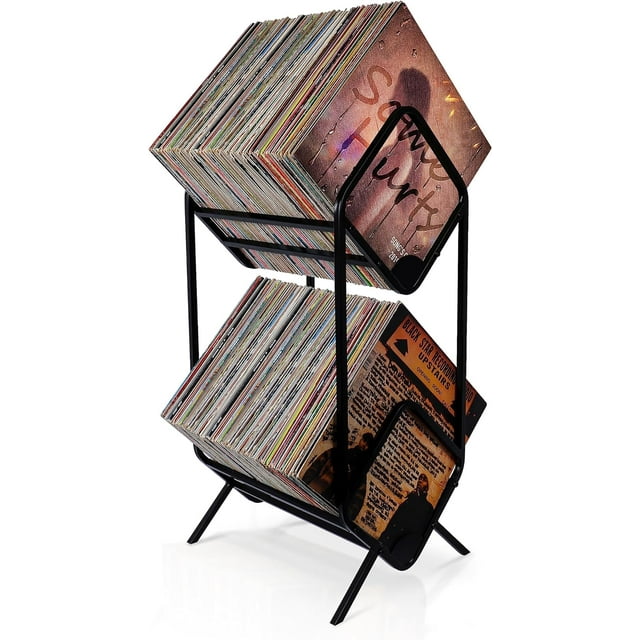 2-Tier Vinyl Record Storage Rack, Curved Black Metal Display Stand with ...