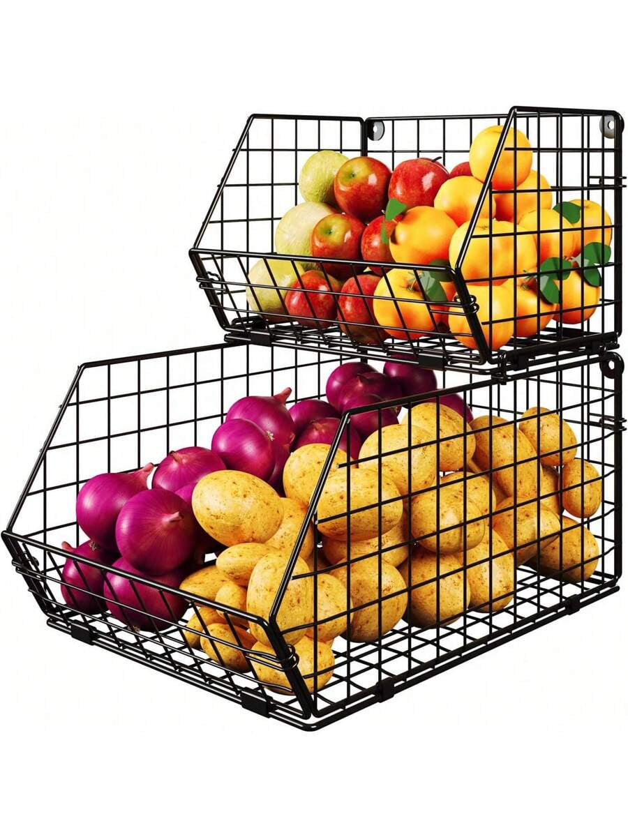 2-Tier Wall Mounted Countertop Wire Fruit Baskets, Kitchen Pantry ...