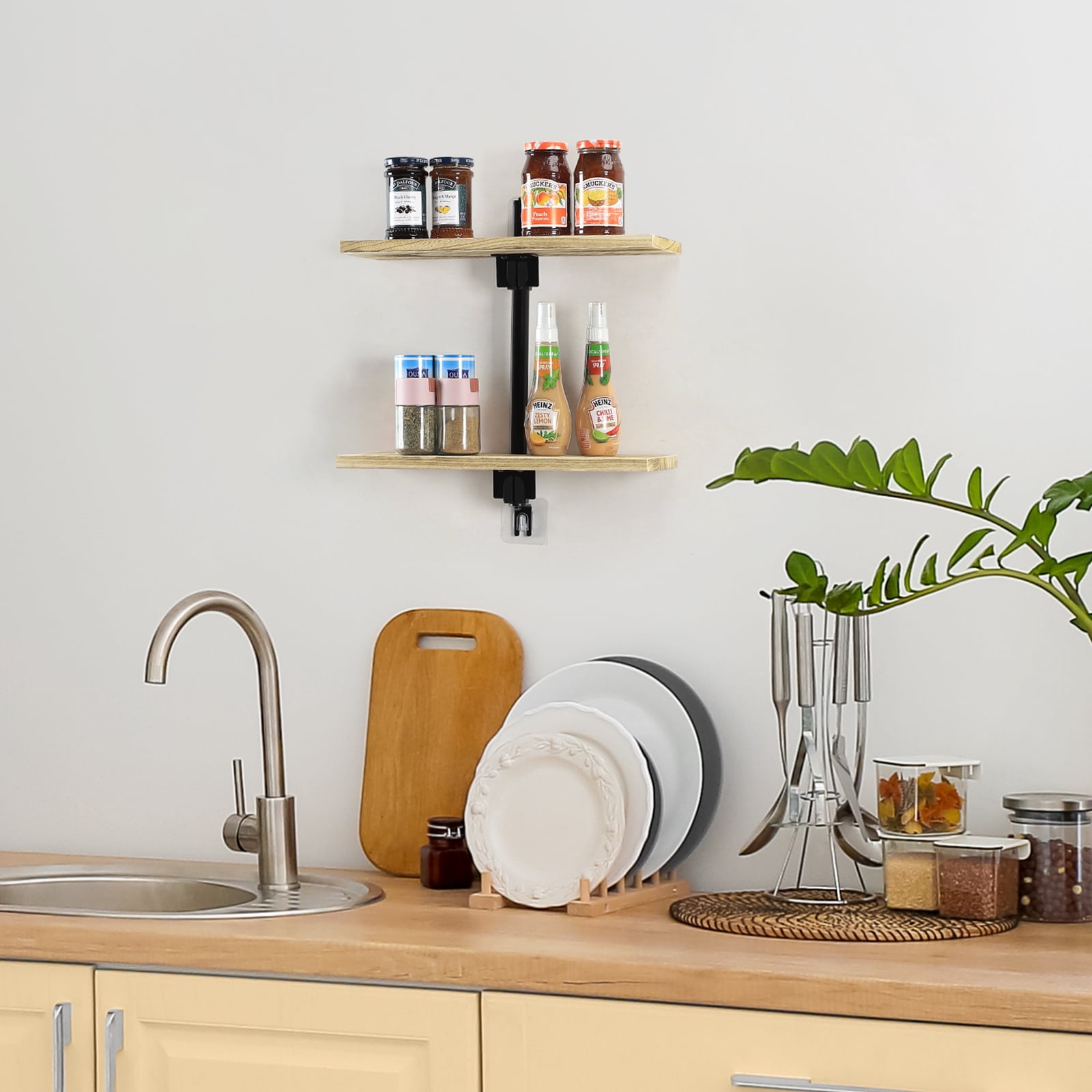 2‑Tier Wall Mounted Floating Shelves, Solid Wood Storage Shelves with ...