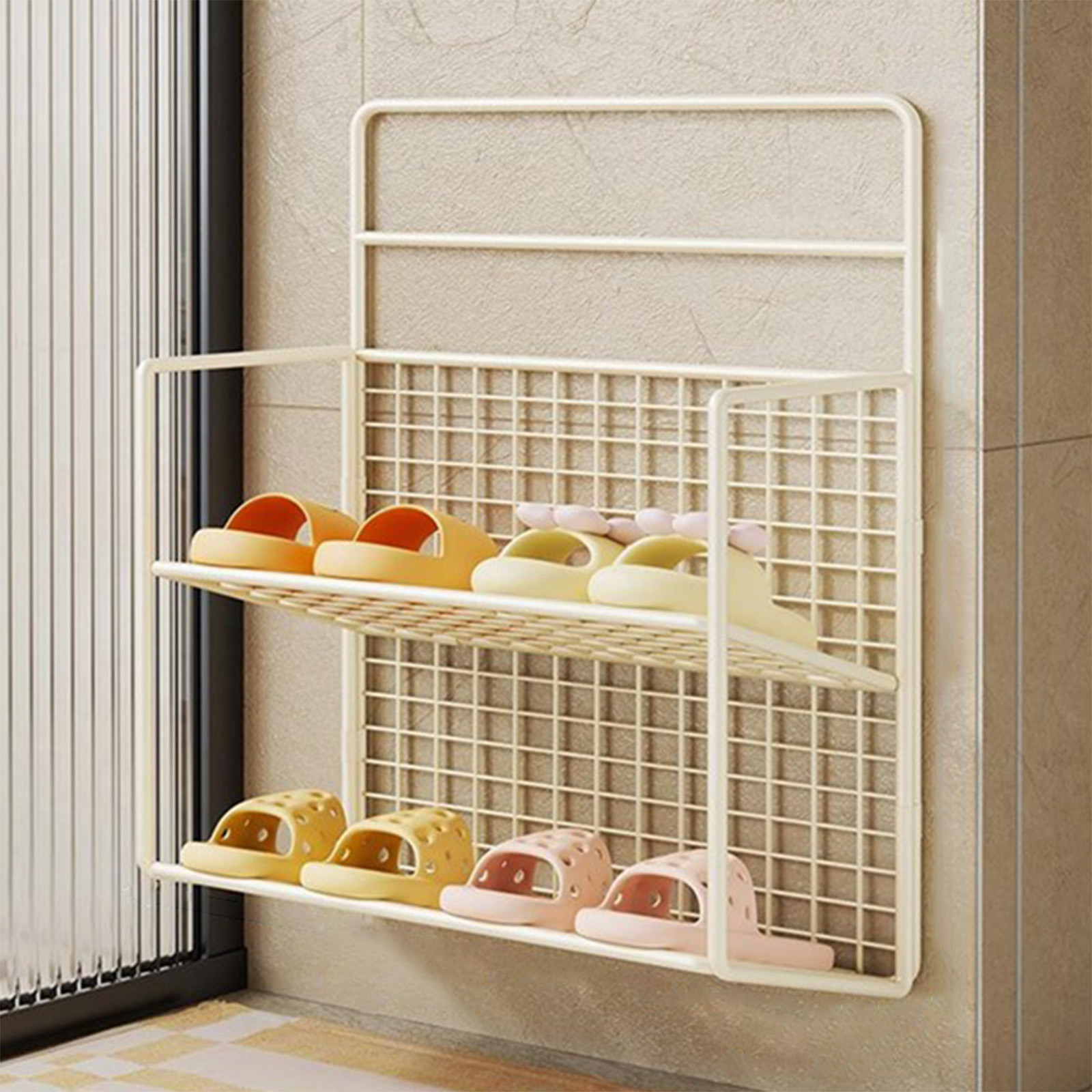 2-Tier Wall Mounted Slipper Rack – No-Drill Iron Shoe Storage Shelf for ...