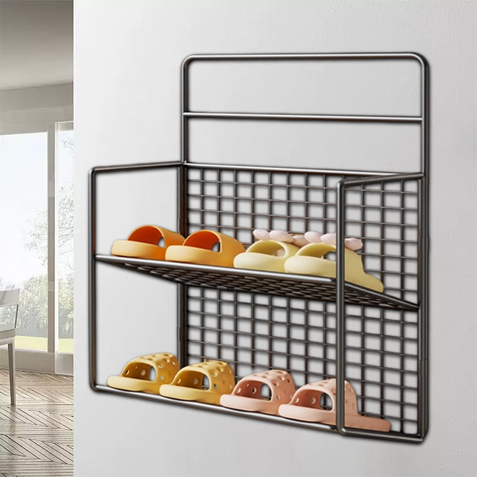 2-Tier Wall Mounted Slipper Rack – No-Drill Iron Shoe Storage Shelf for ...