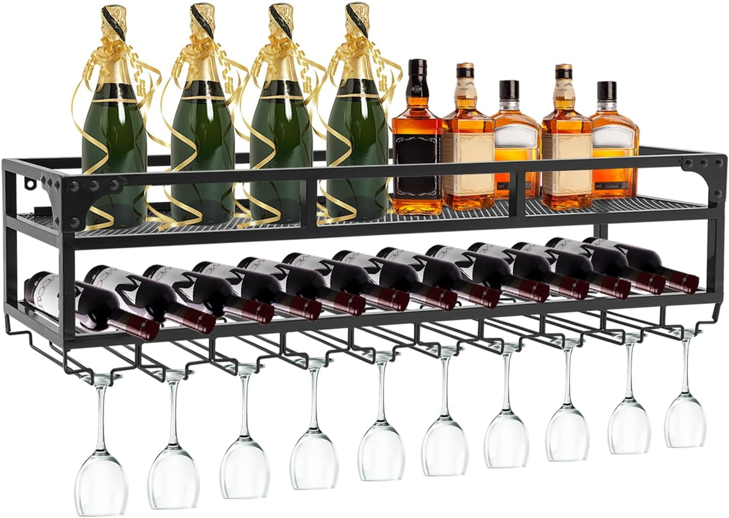 2-Tier Wall-Mounted Wine Rack - Industrial Metal Wine Shelf & Glass ...
