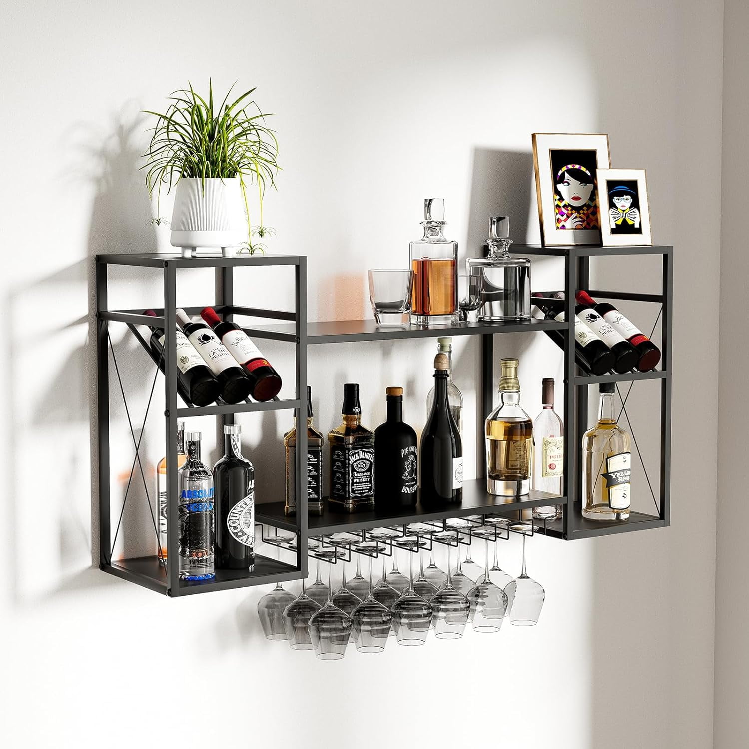 2-Tier Wall Mounted Wine Rack Metal Bar Liquor Shelves Industrial Pipe ...