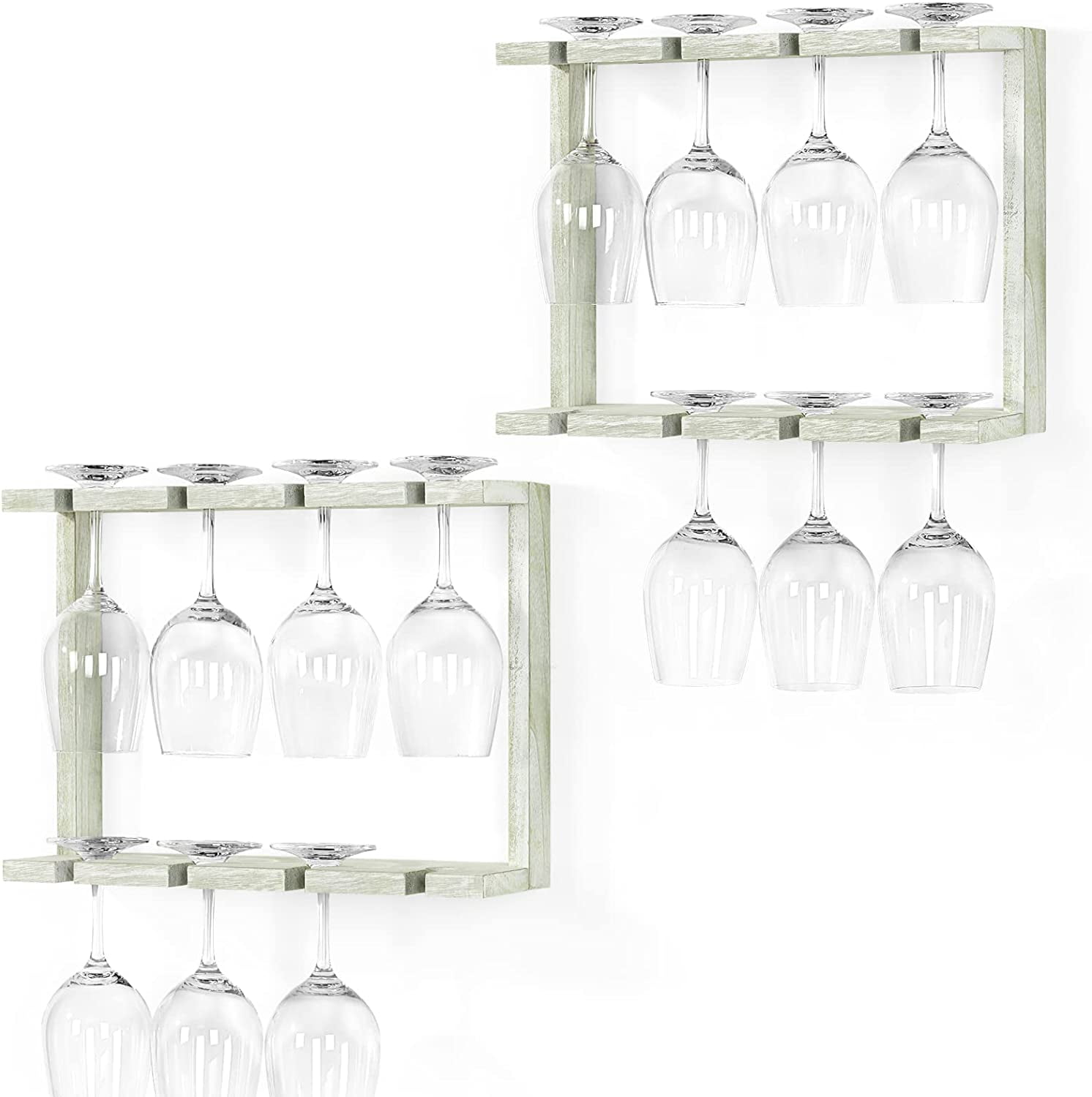 2 Tier Wall Mounted Wood Wine Glass Holder Rack, Set of 2, Gray Green ...