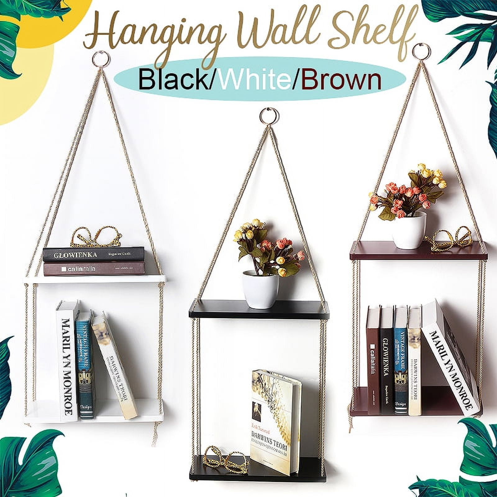 2 Tier Wall Shelf, Solid Wood Rope Hanging Shelves Vintage Floating ...