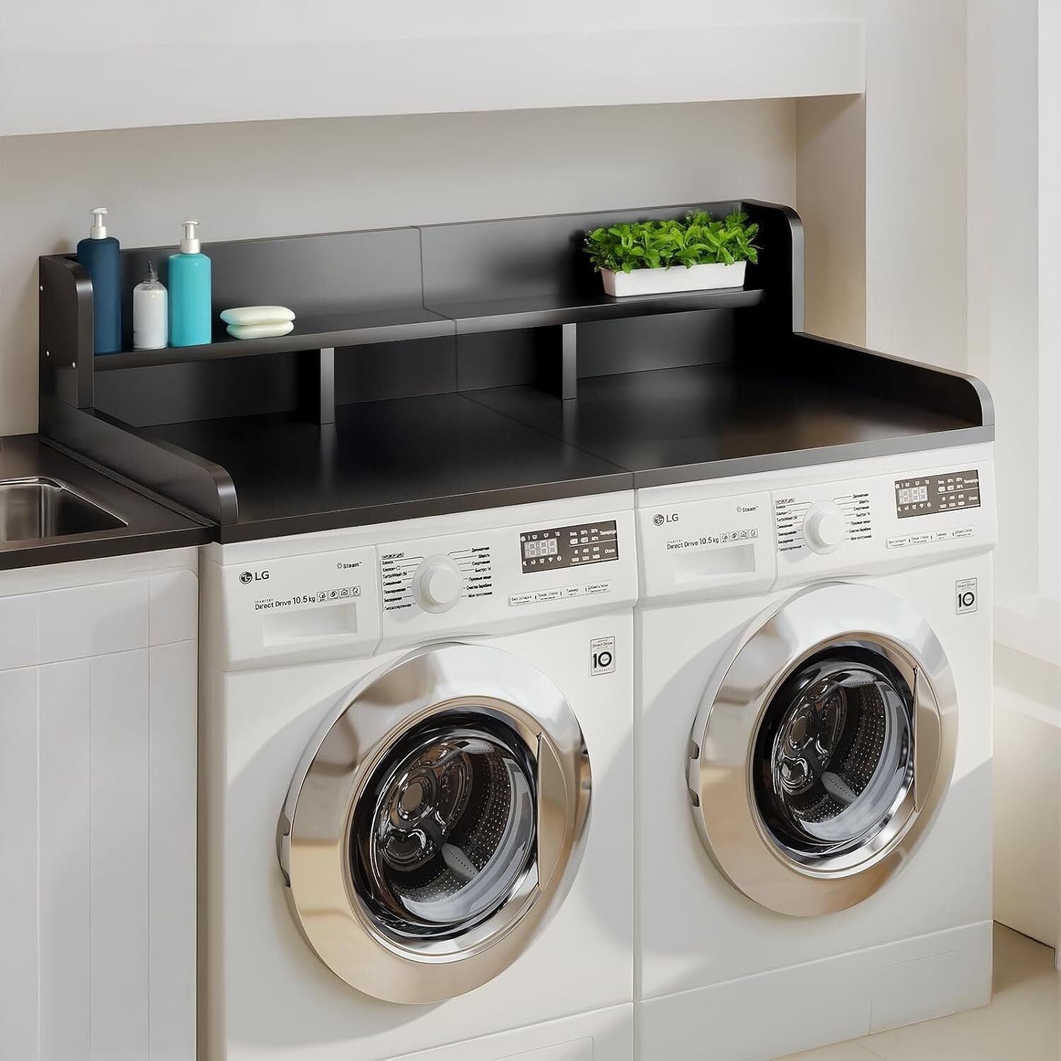 2-Tier Washer Dryer Shelf Cover, Wooden Laundry Storage Organizer with ...