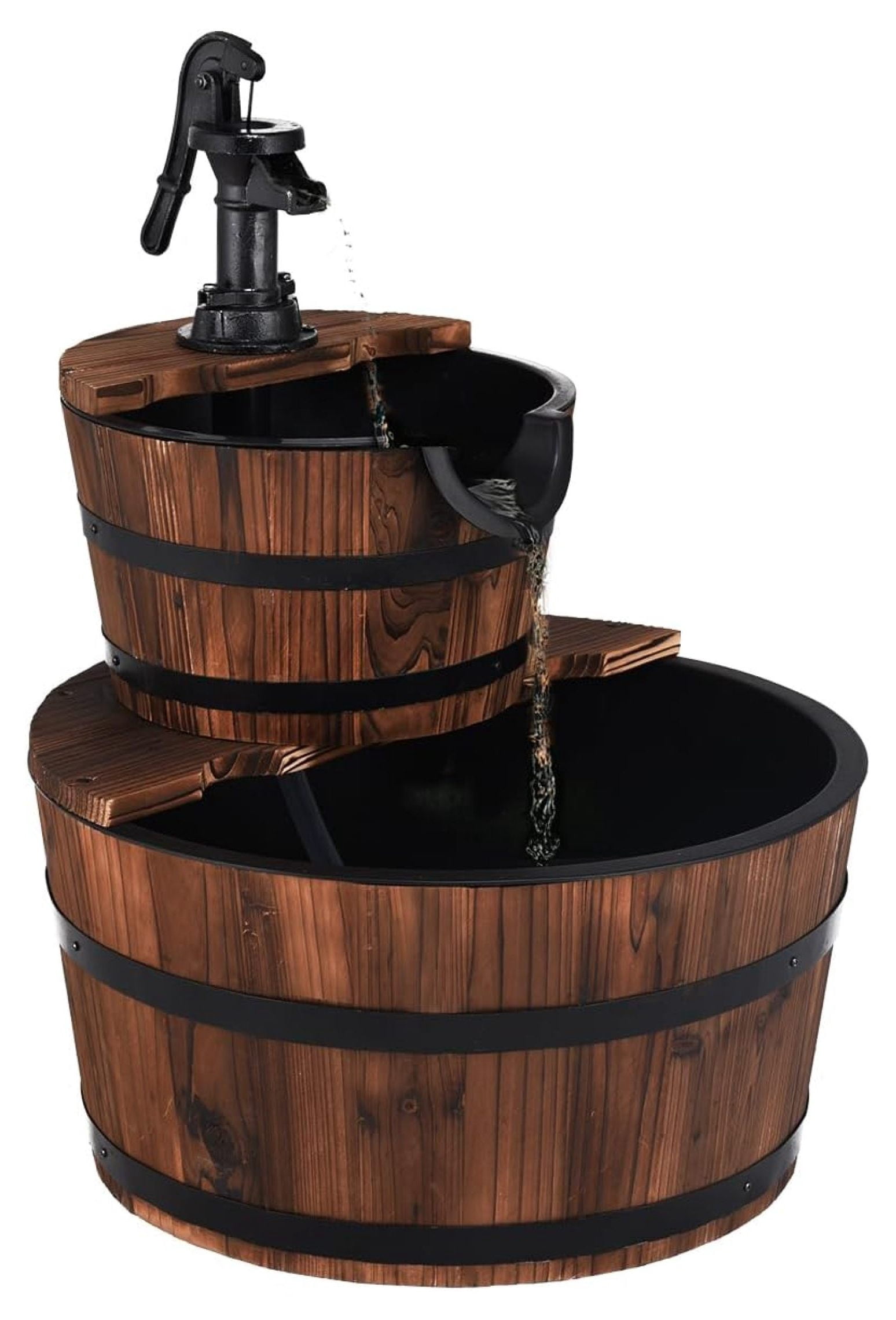 2-Tier Waterfall Fountain, Outdoor Rustic w/Hand Pump & Adjustable ...