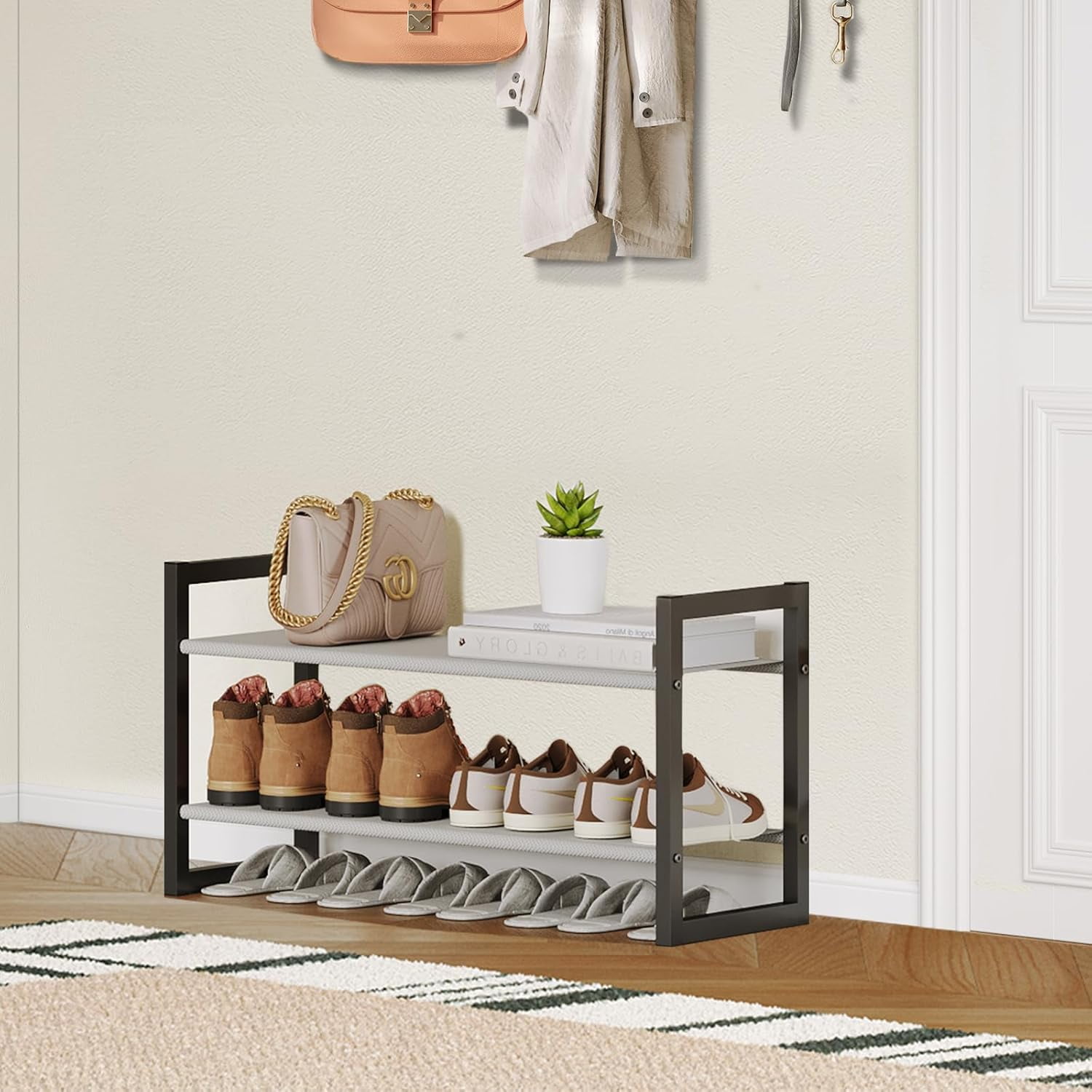 2-Tier Welded Metal Shoe Rack, Stackable Closet & Entryway Shoe ...