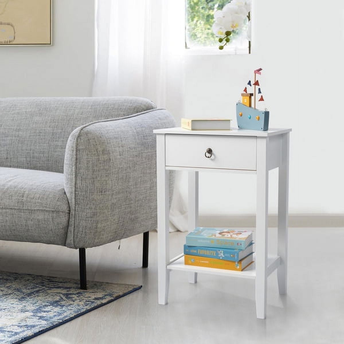 2-Tier White Bedside Table with Drawer, MDF Wood Nightstand for Bedroom ...