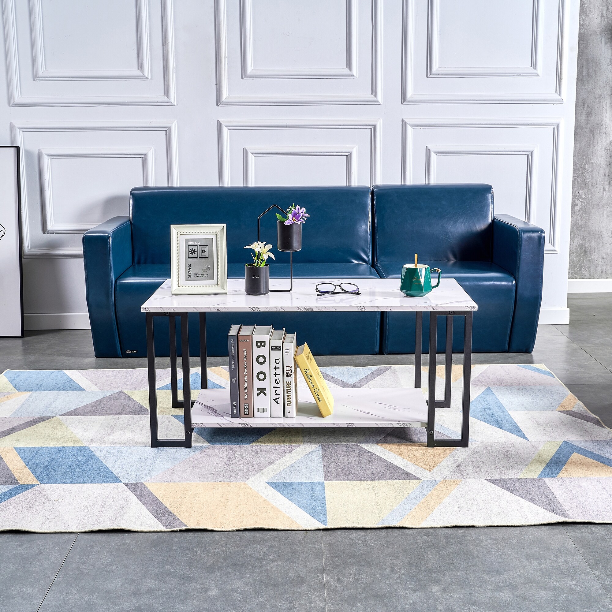 2-Tier White Faux Marble Texture Coffee Table Black Metal leg+White ...