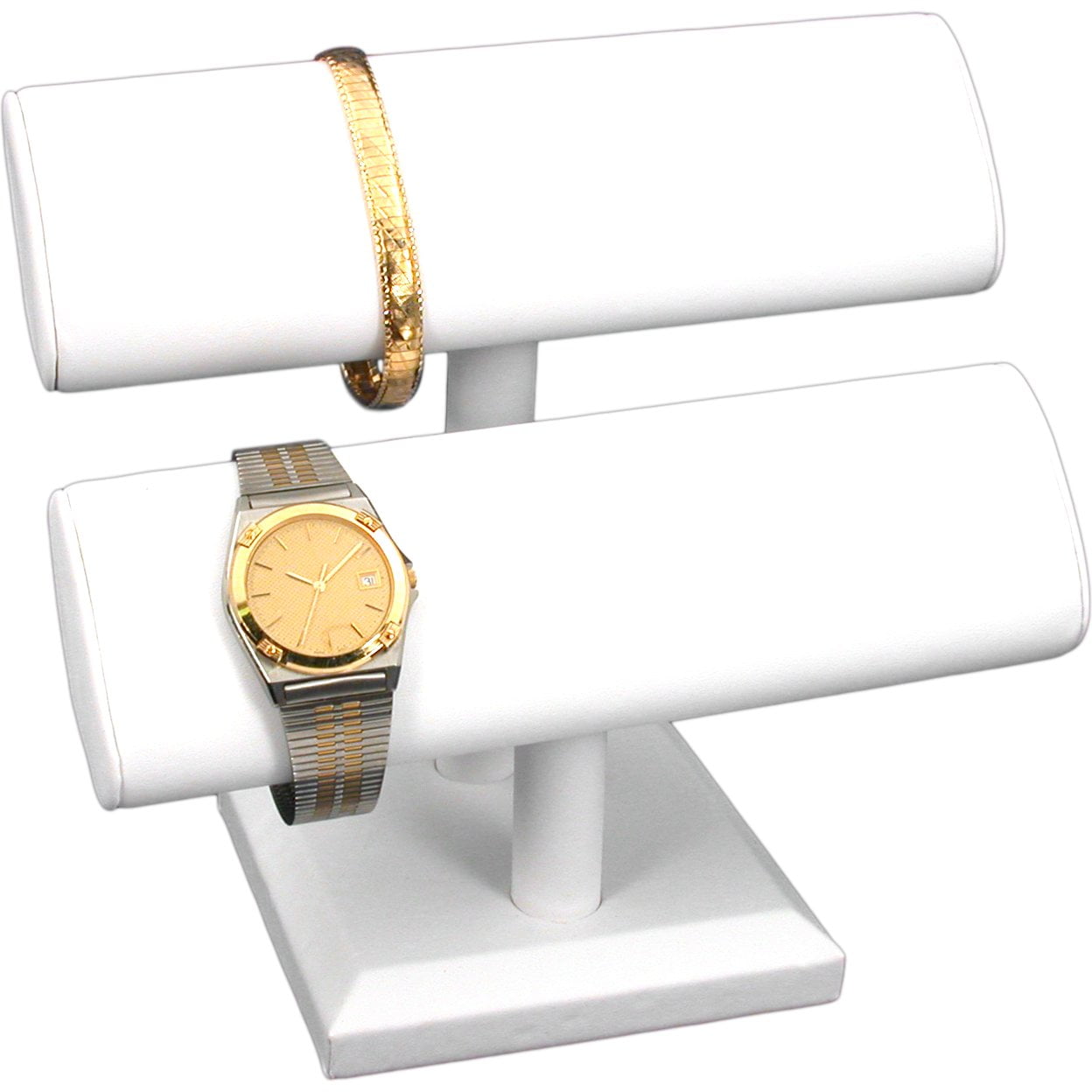 2 Tier White Leather Oval T-Bar Bracelet Watch Jewelry Display ...