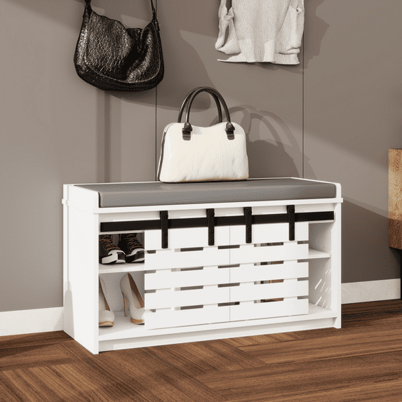 2-Tier White Modern Shoe Storage Bench - Farmhouse Style with 2 Sliding ...