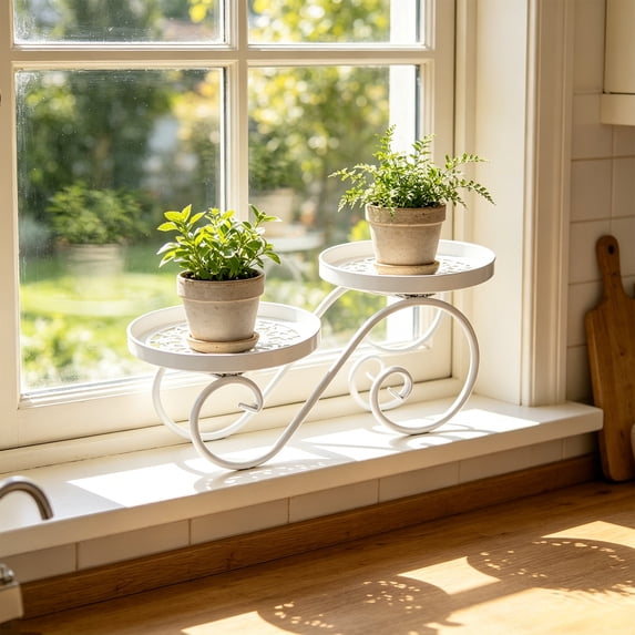 2 Tier White Plant Stand, Metal Flower Stand Indoor Outdoor, Anti-Rust ...