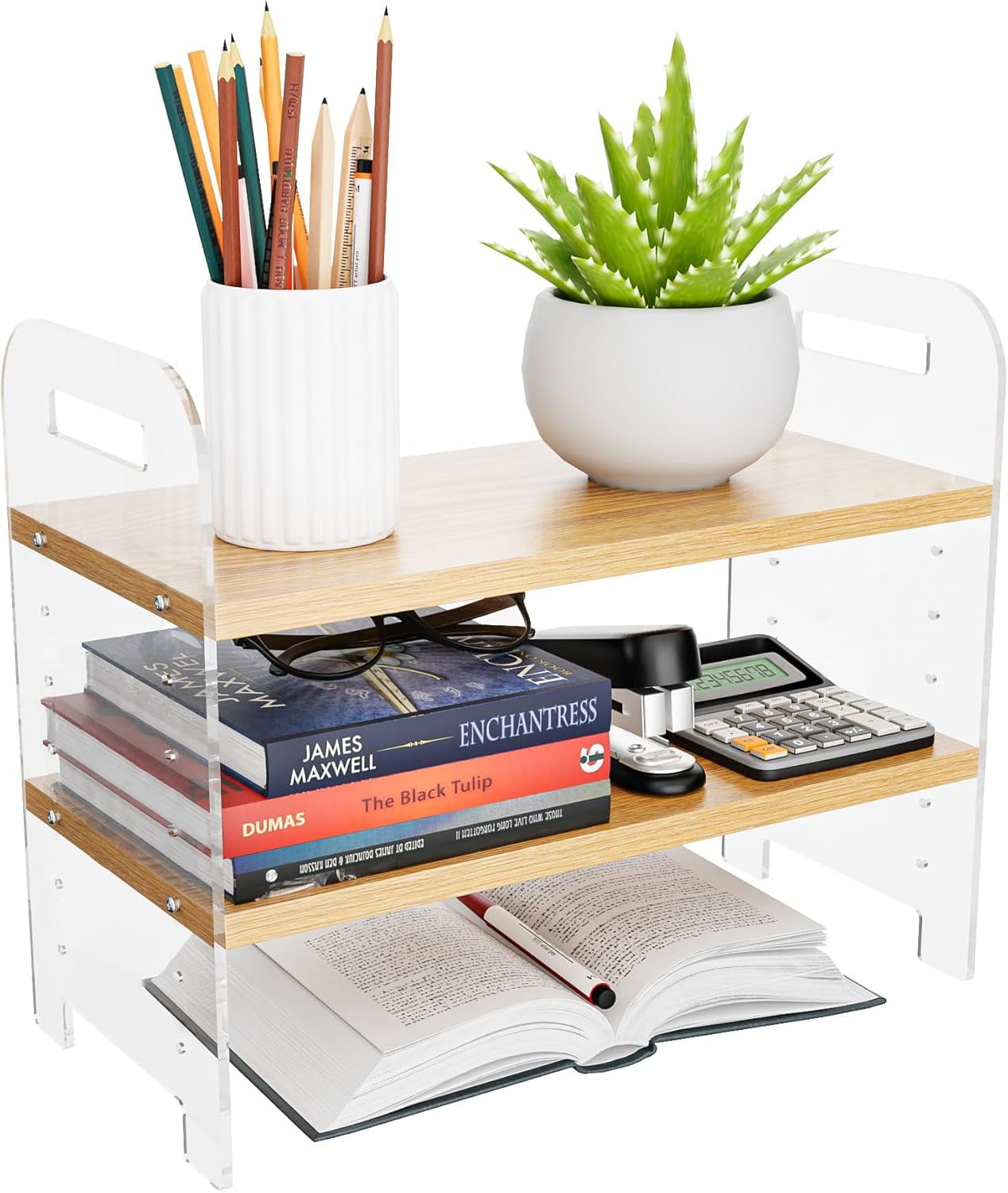 2 Tier Wood Desktop Bookshelf Organizer, Wood Desk Shelf for Supplies ...