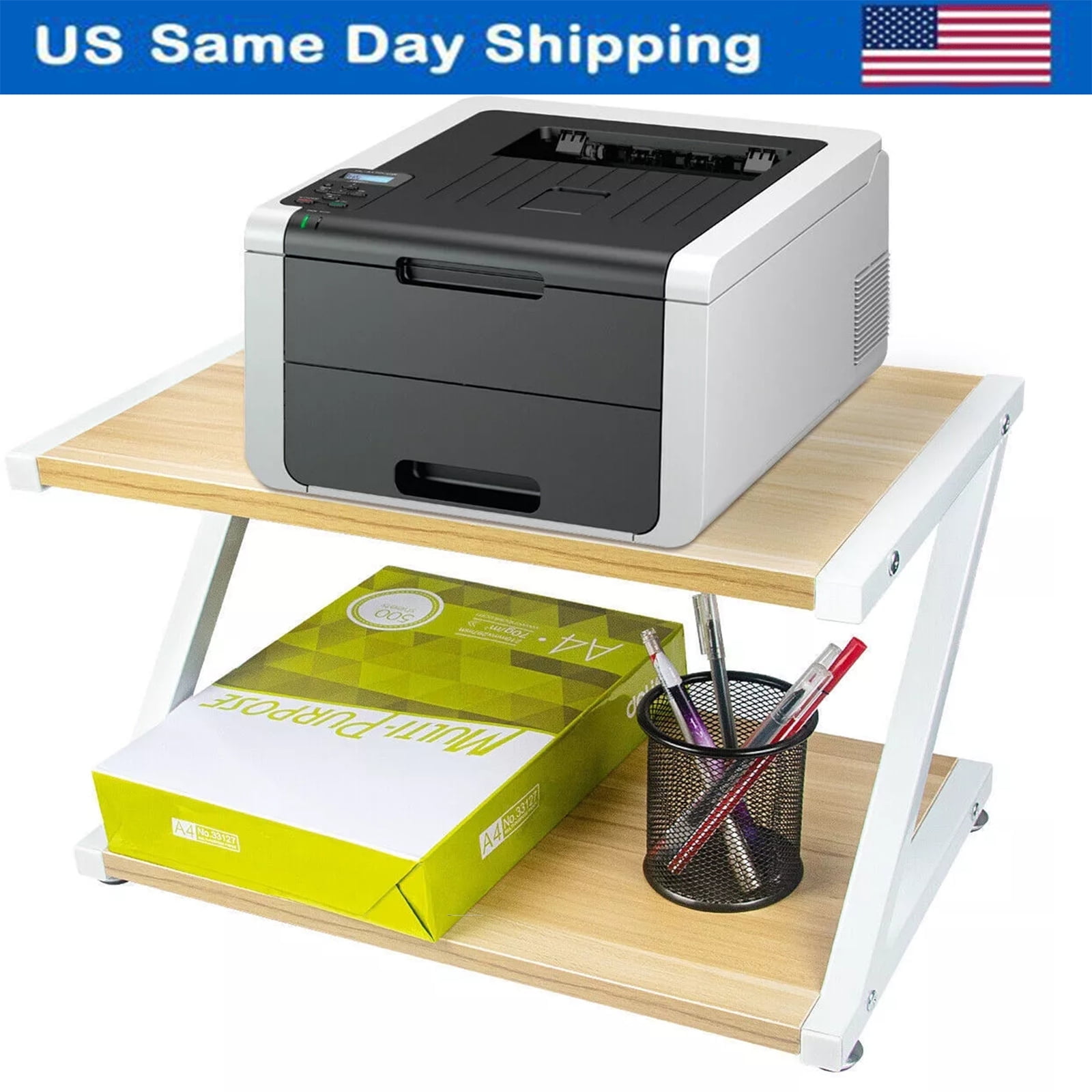 2 Tier Wooden Desktop Printer Stand with Multiple Shelves for Home ...