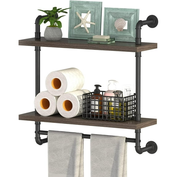 2 Tier Wood Floating Shelves Towel Rack, Industrial Pipe Bathroom ...