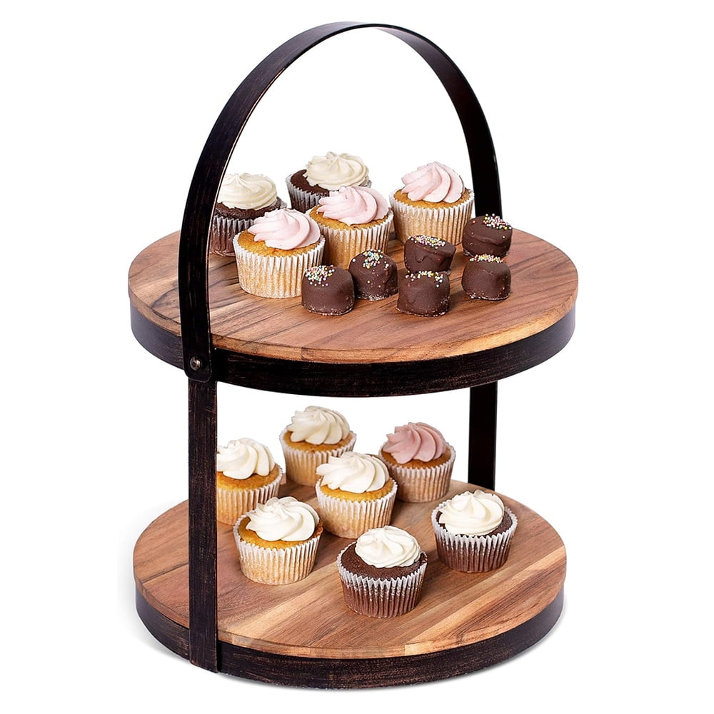 2-Tier Wood Iron Dessert Serving Tray, Cupcake and Cake Stand, Rustic ...