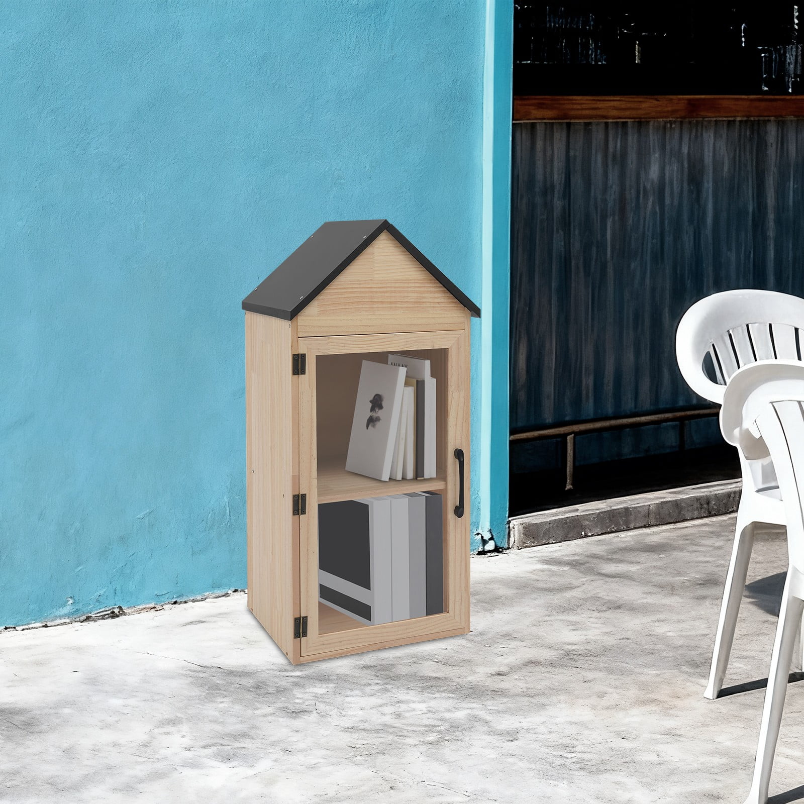 2-Tier Wooden Book Box Home Book Storage Box w/Door, Little Library Box ...