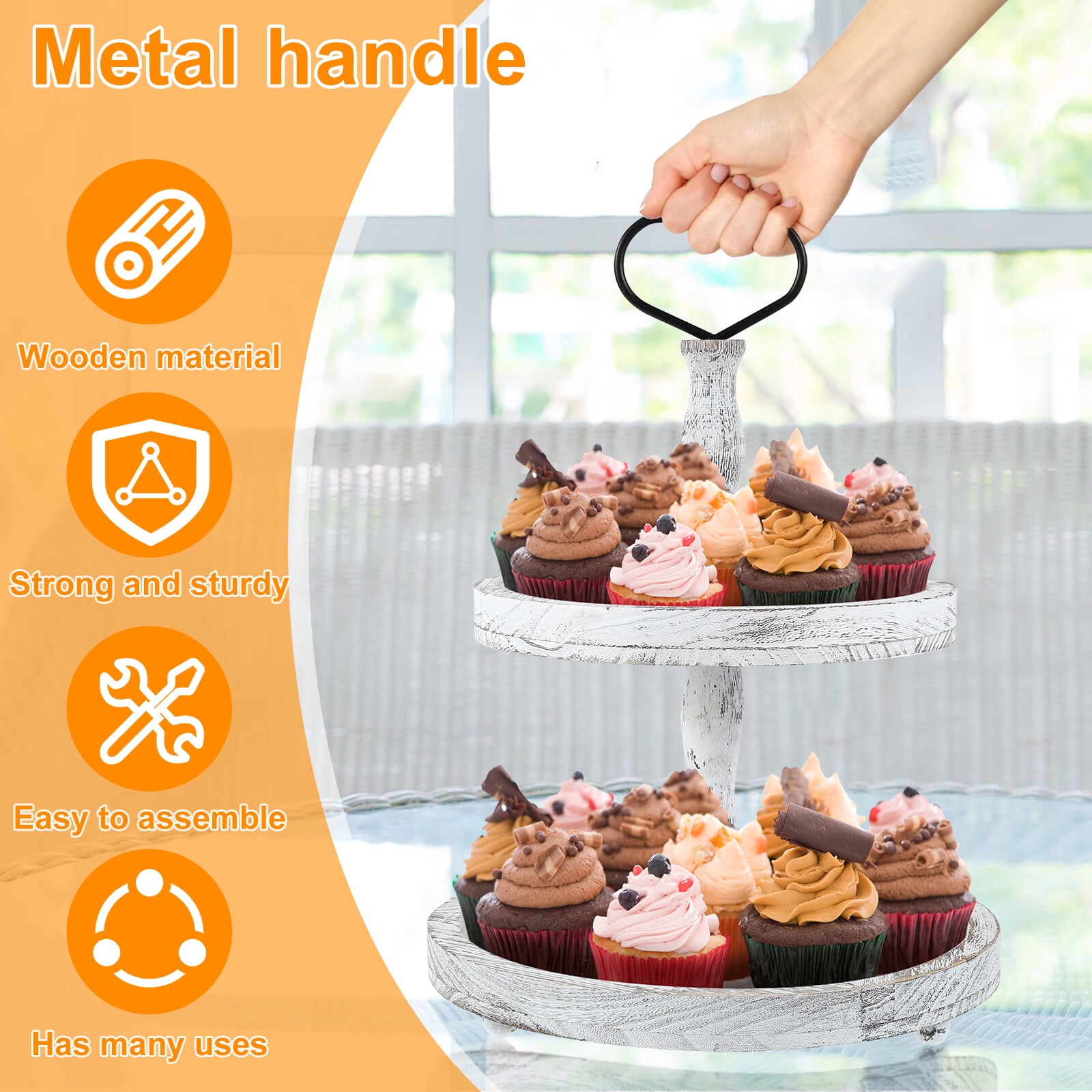2 Tier Wooden Cake Stand Rustic Cupcake Serving Tray with Metal Handle ...