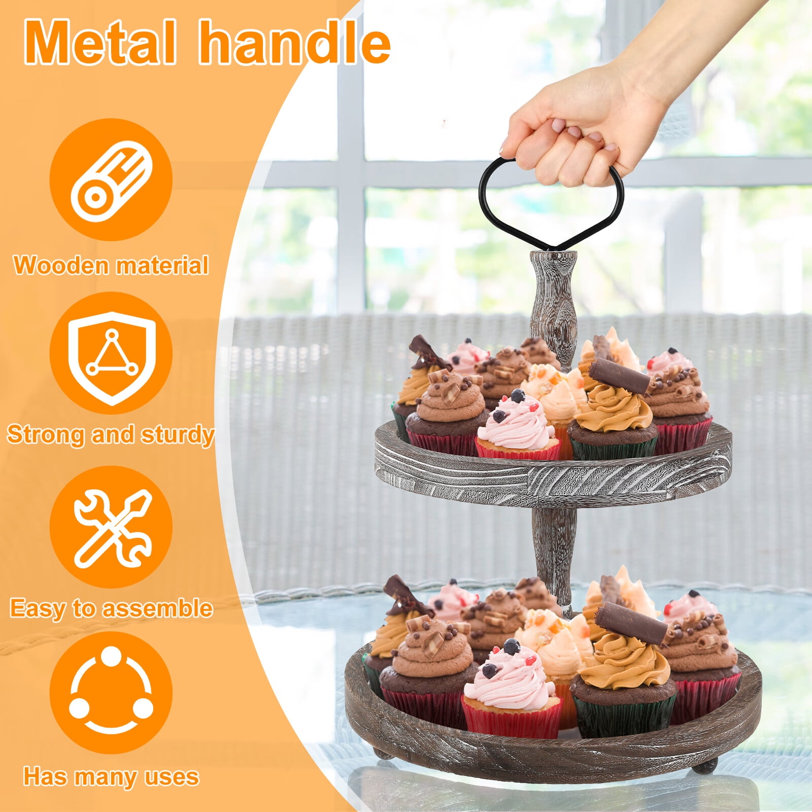 2 Tier Wooden Cake Stand Rustic Cupcake Serving Tray with Metal Handle ...