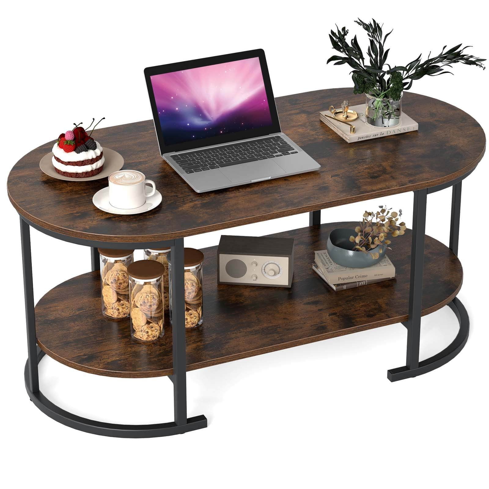 2-Tier Wooden Coffee Table with Storage Shelf, Rustic Brown Accent ...